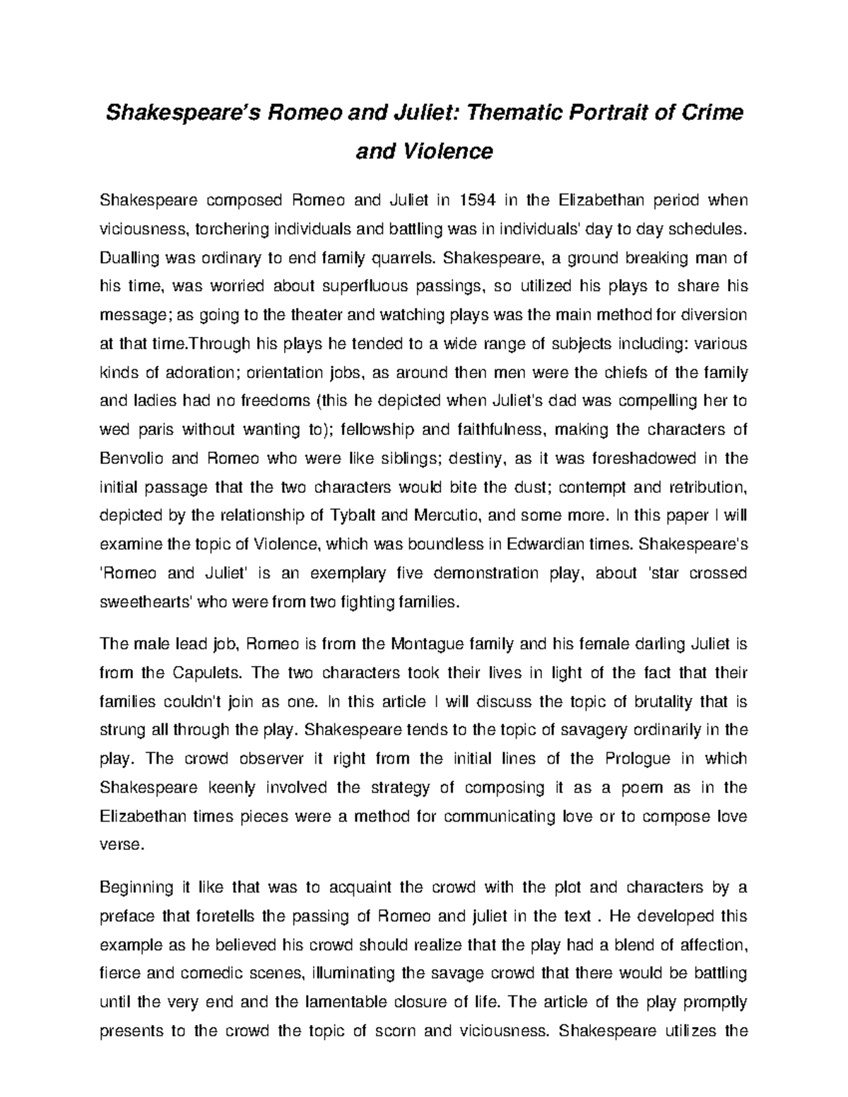 Shakespeare’s Romeo and Juliet: Thematic Portrait of Crime and Violence ...