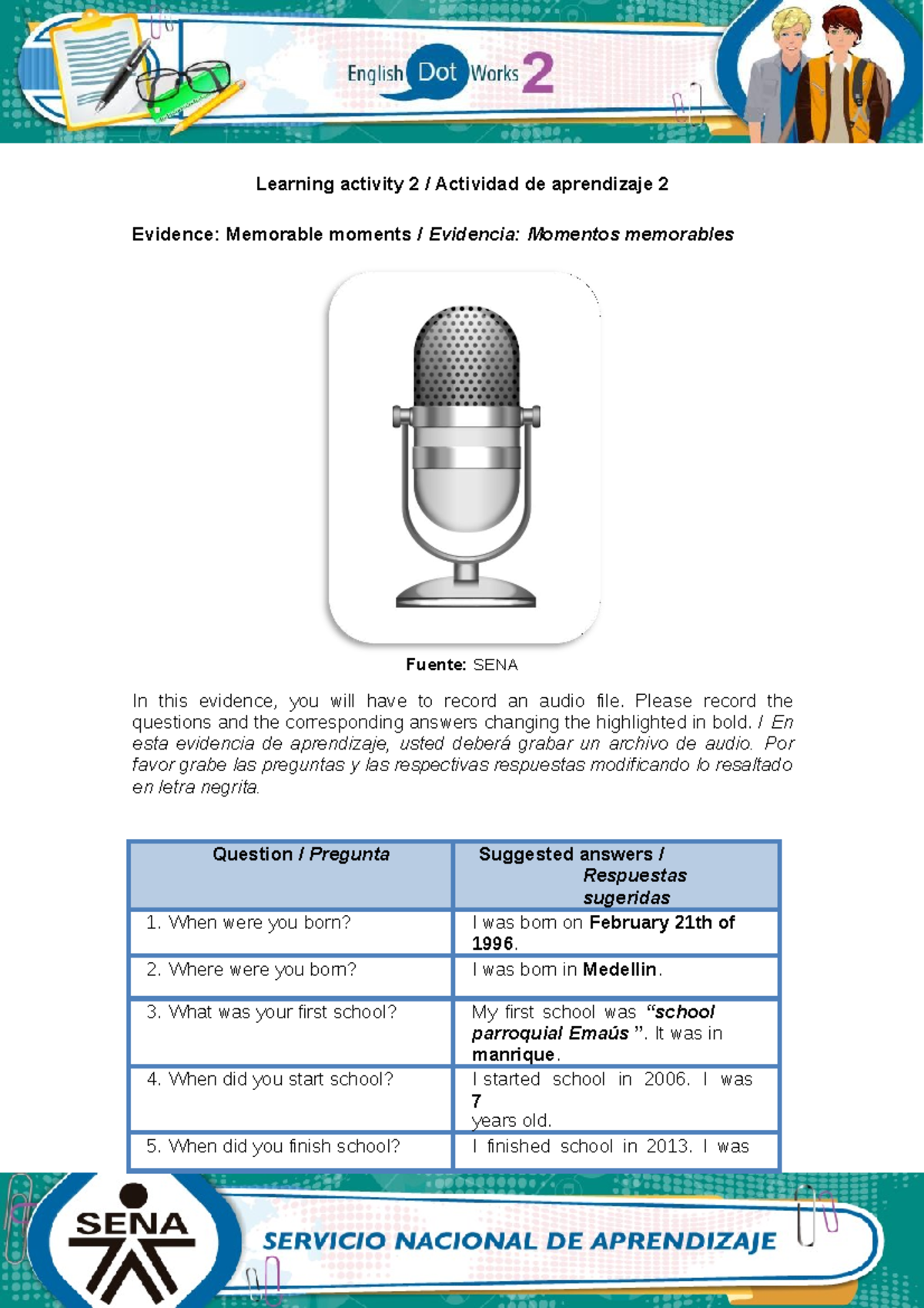 Evidence Memorable moments Ingles 2 Cuso complementario - Learning activity 2 / Actividad de ...