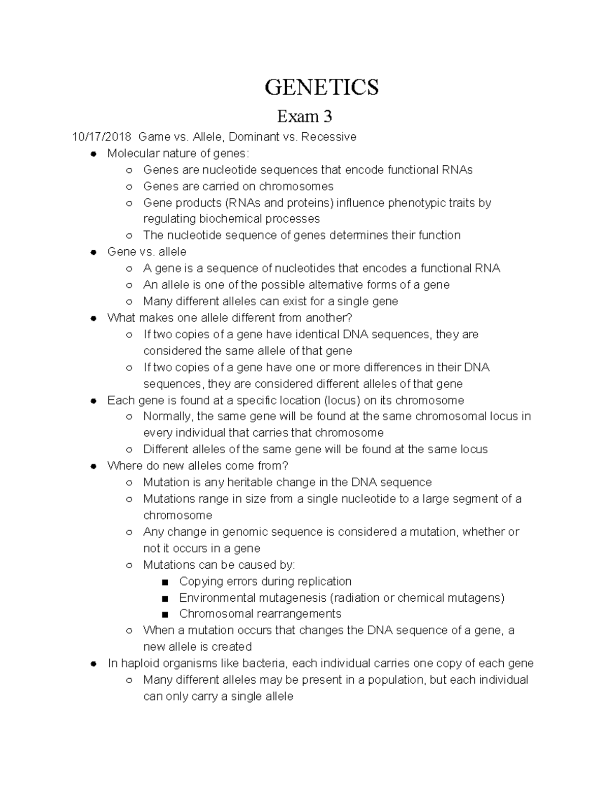 Genetics exam 3 - All lectures for the third exam - GENETICS Exam 3 10 ...