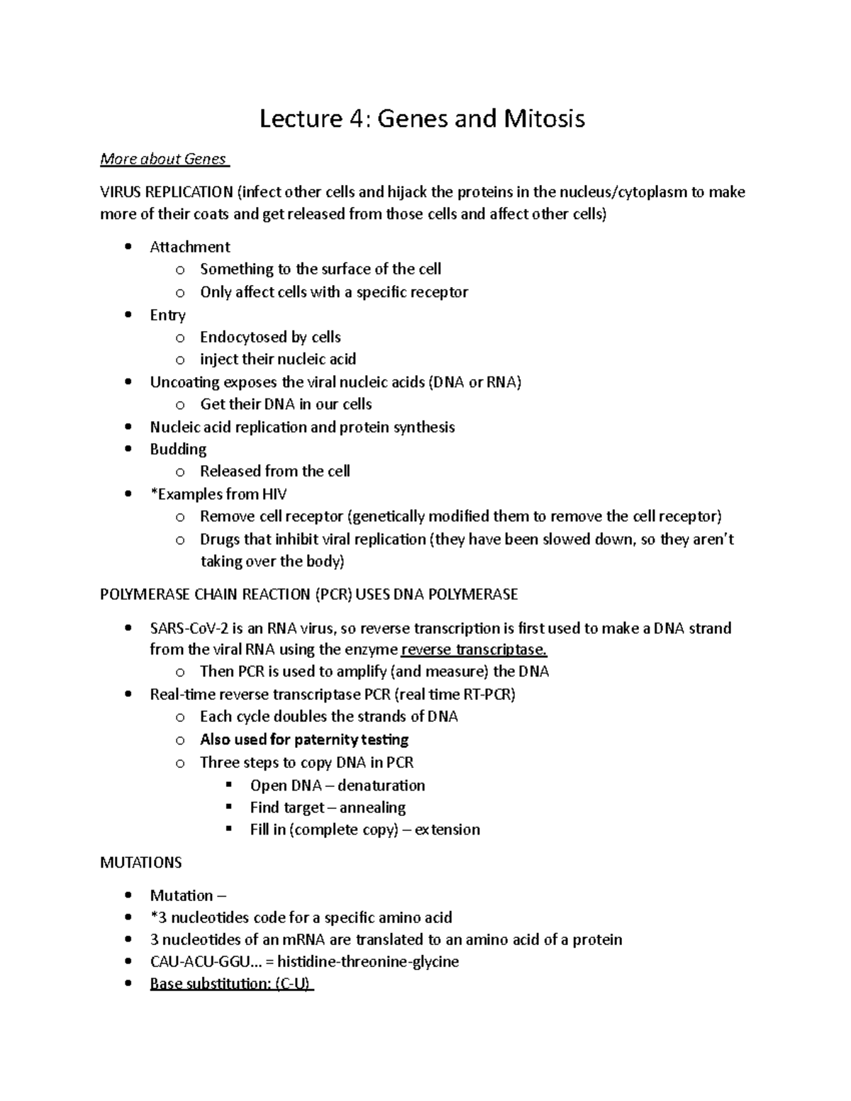 Lecture over Mitosis - Lecture 4: Genes and Mitosis More about Genes ...