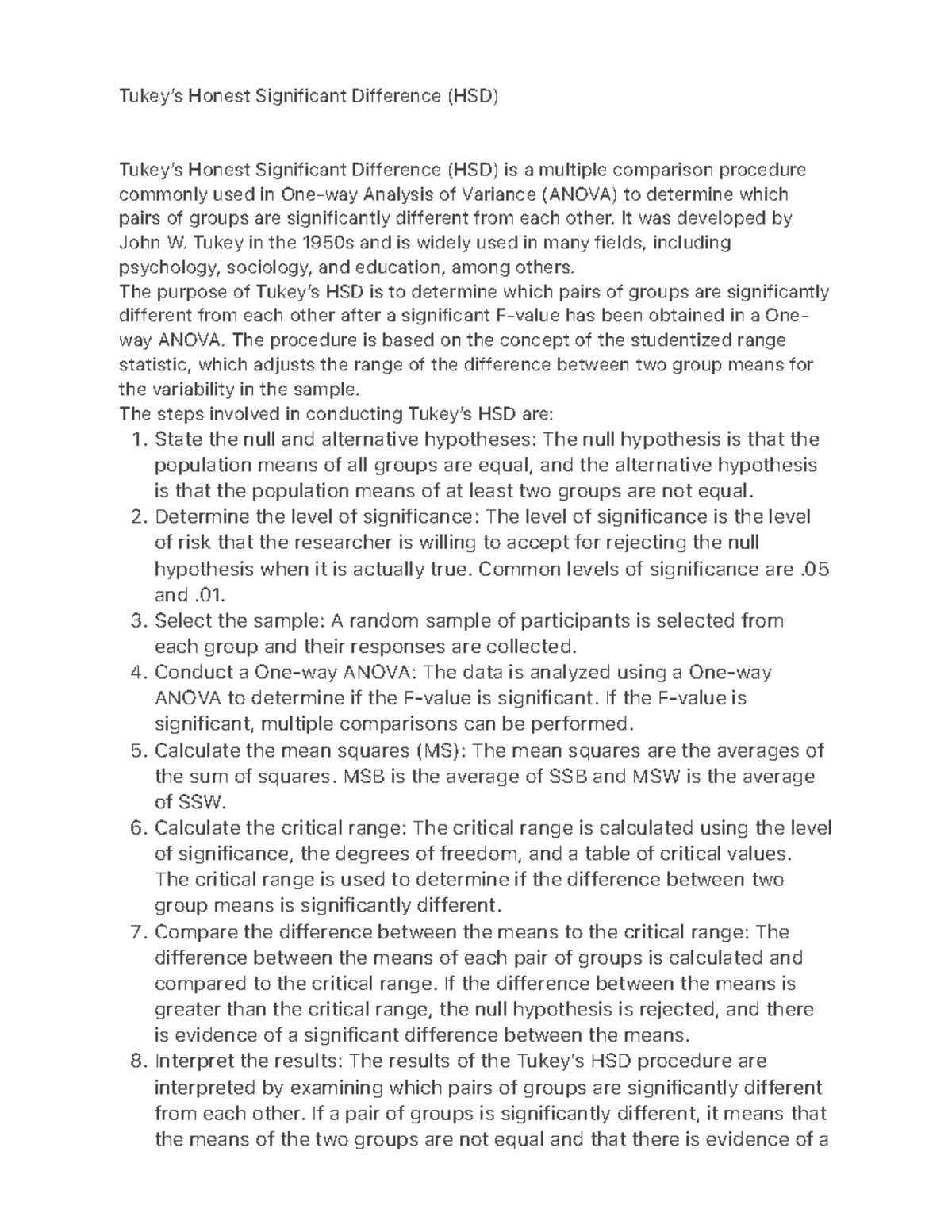 Tukey’s Honest Significant Difference (HSD) - 1. 2. 3. 4. 5. 6. 7. 8 ...