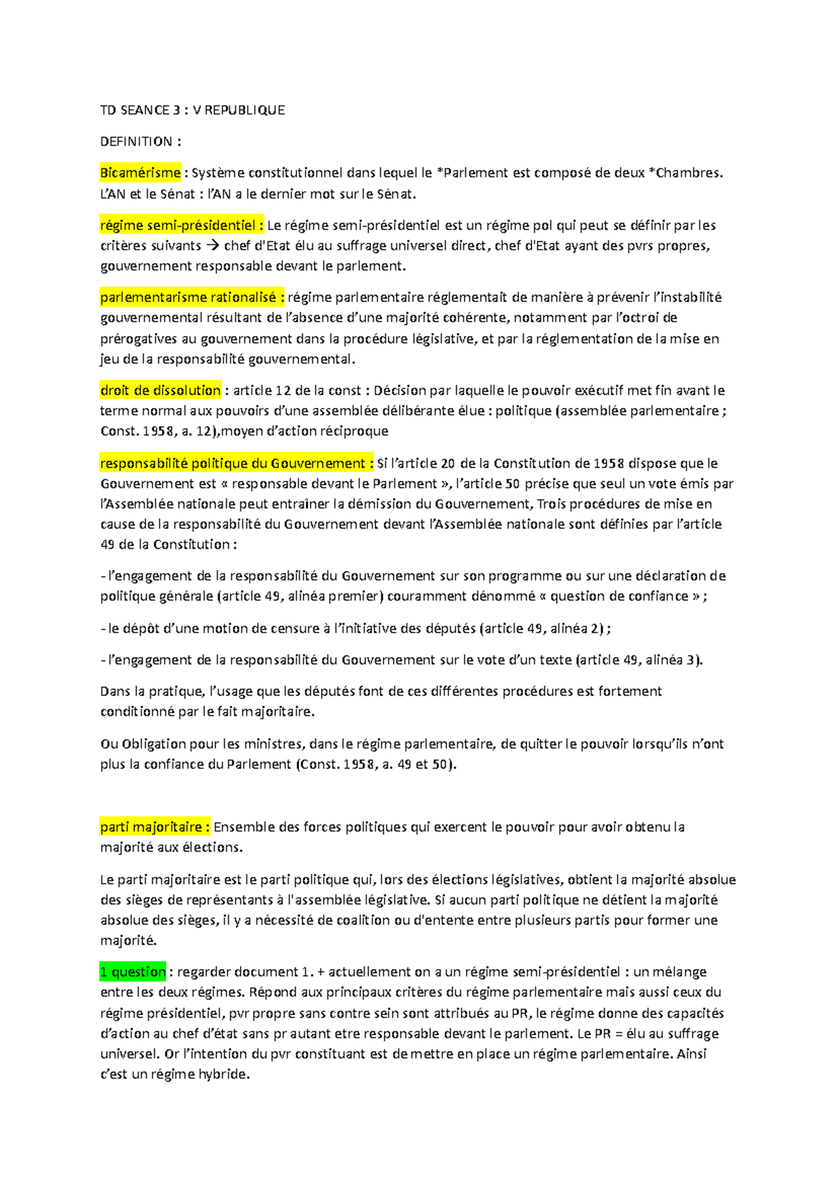 fiche exemple de TD - TD SEANCE 3 : V REPUBLIQUE DEFINITION ...