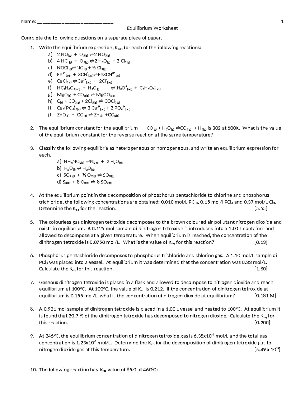 Equilibrium Kc calc 2 worksheet - Name ...