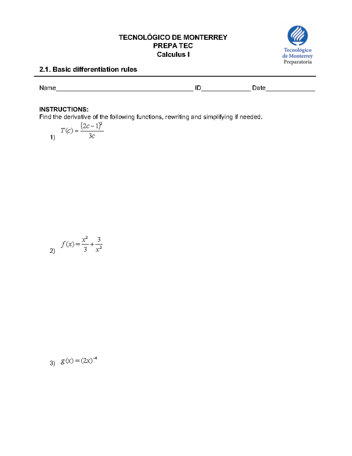 2.1 Basic Differentiation rules HW - PREPA TEC Calculus I Basic ...