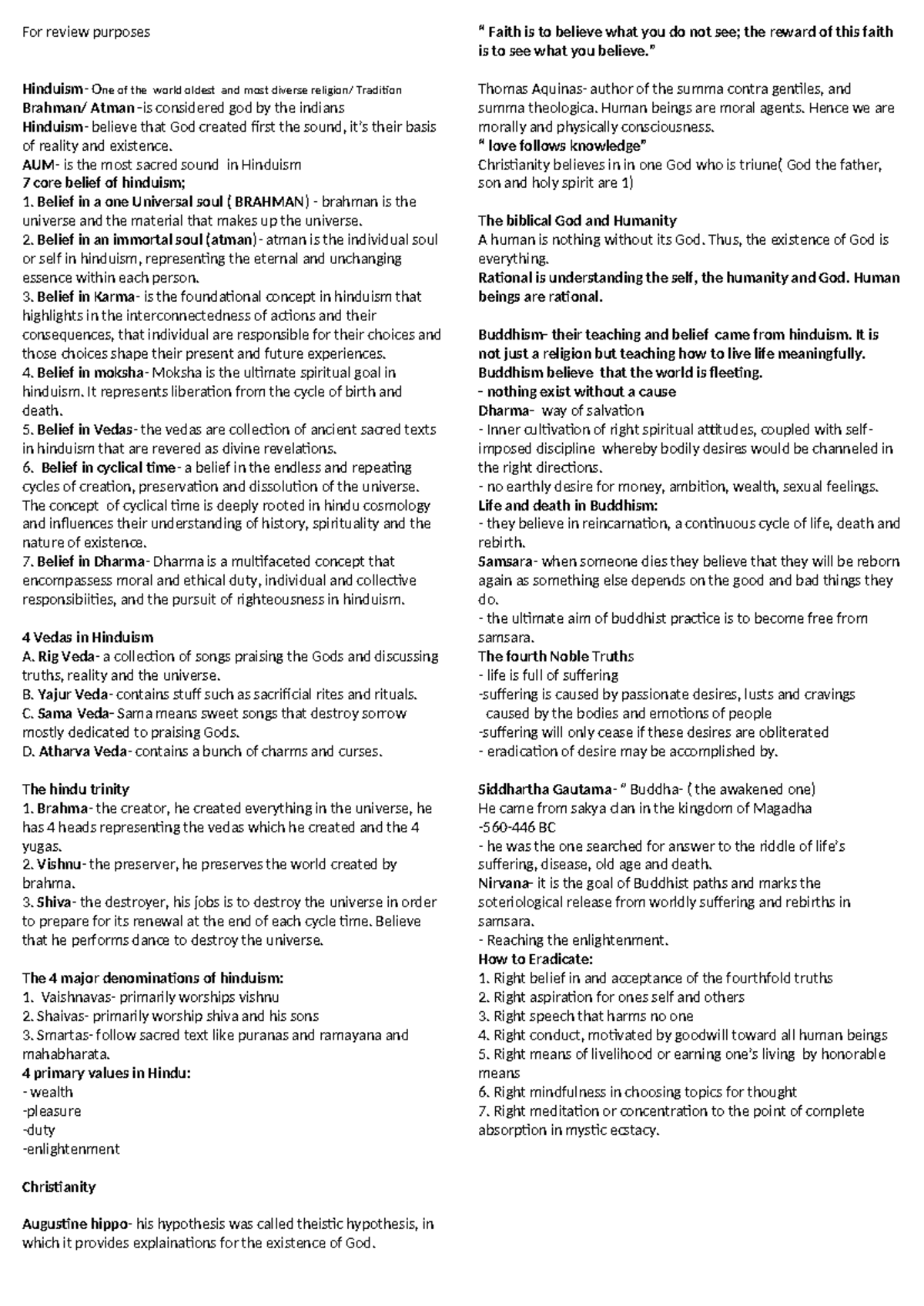 Review Notes IN Philo - For review purposes Hinduism- One of the world ...