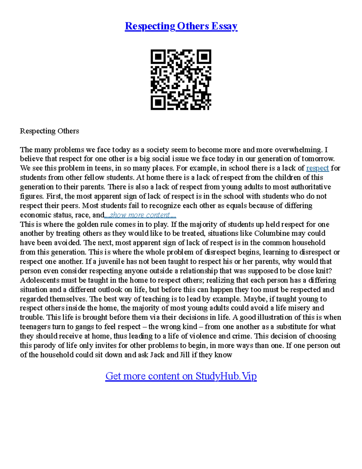 What Is Respect Essay - Respecting Others Essay Respecting Others The ...