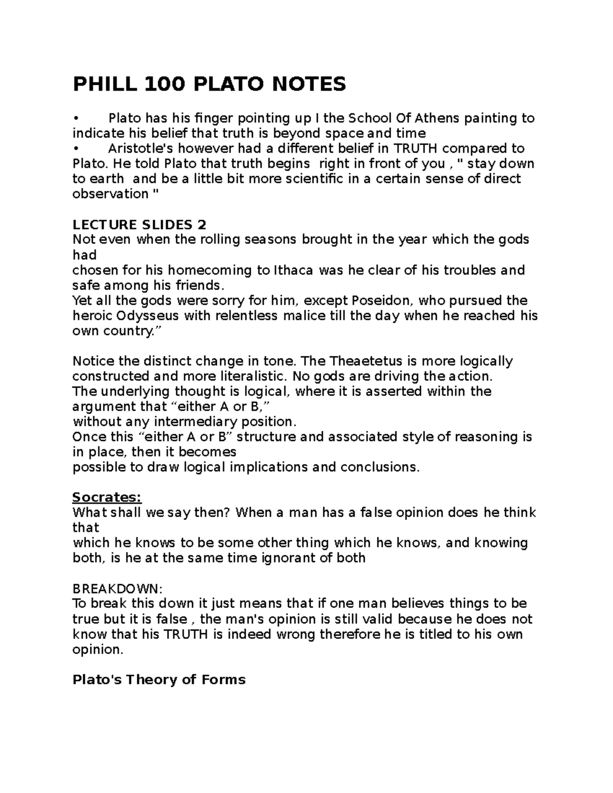 Phill 100 Plato Notes - PHILL 100 PLATO NOTES Plato has his finger ...