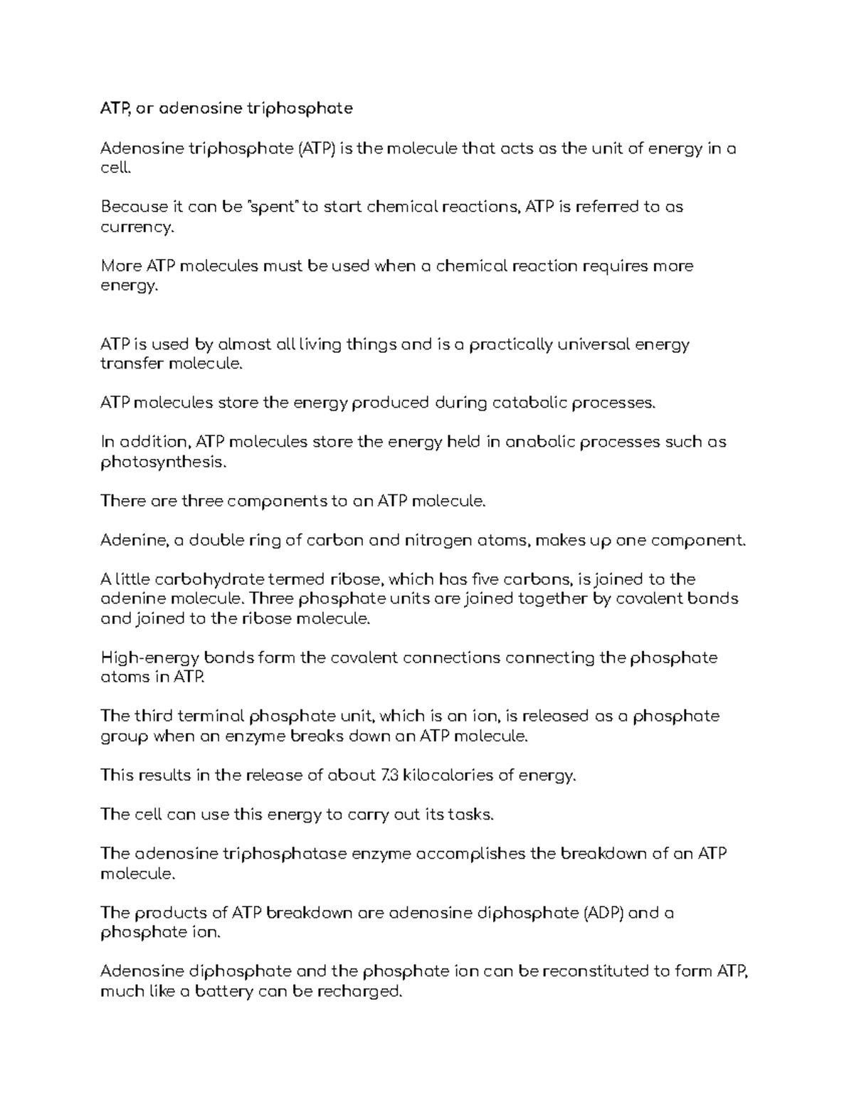 Production of ATP - ATP, or adenosine triphosphate Adenosine ...