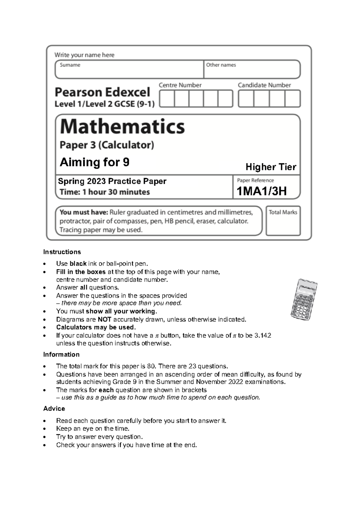 23 1MA1 3H Aiming for 9 Spring 2023 - Instructions • Use black ink or ...