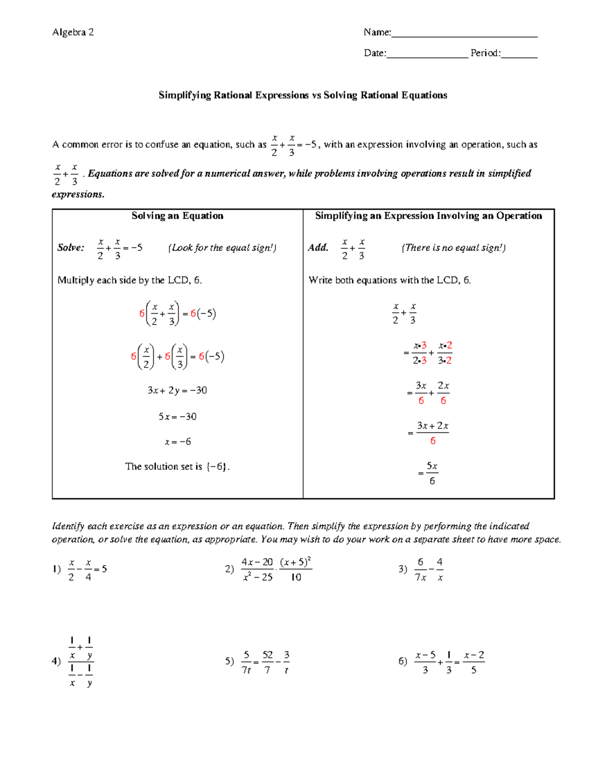 Ch 3 additional practice rational expressions vs equations - Algebra 2 ...
