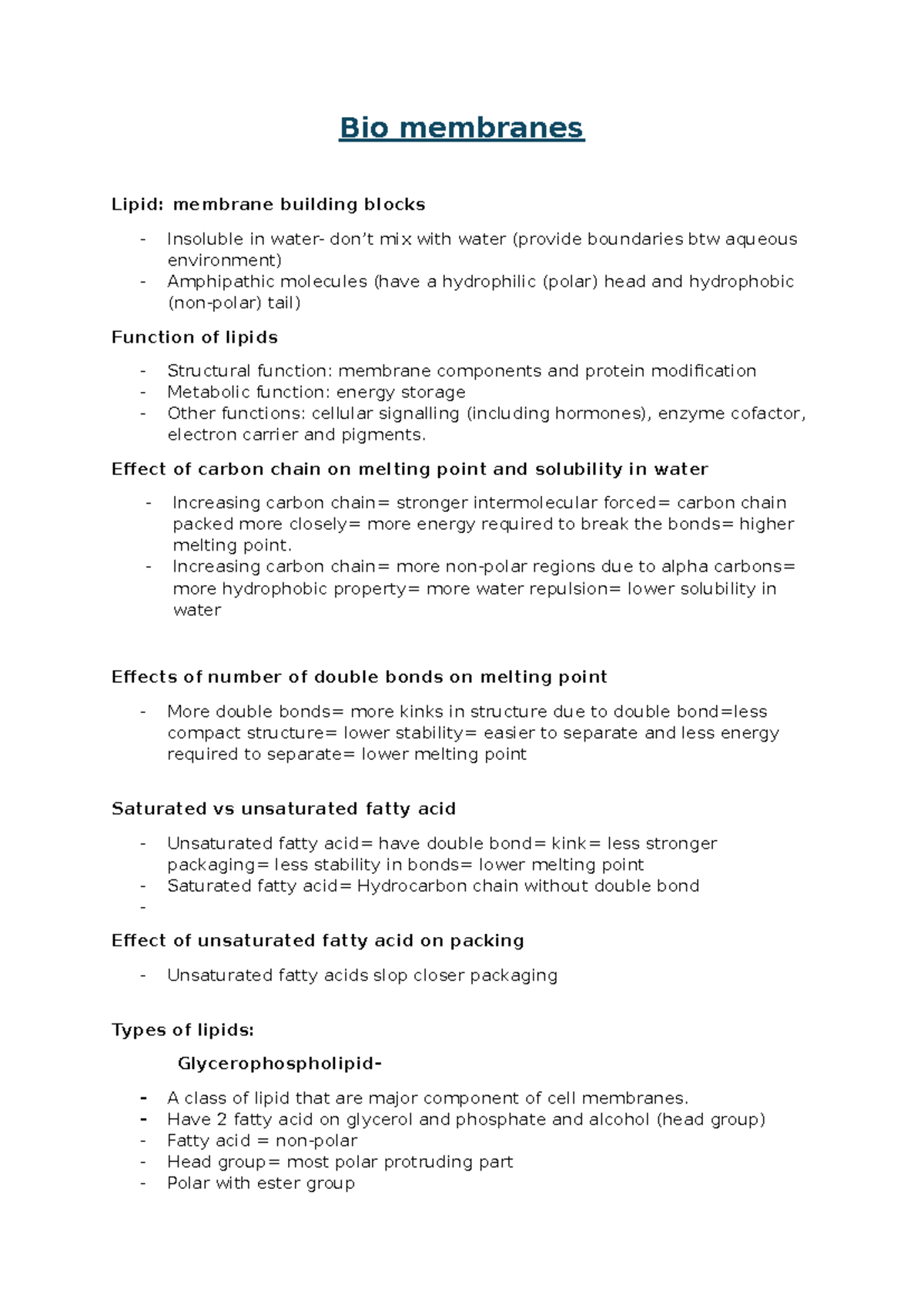 Module 2 notes - summaries for revision - Bio membranes Lipid: membrane ...