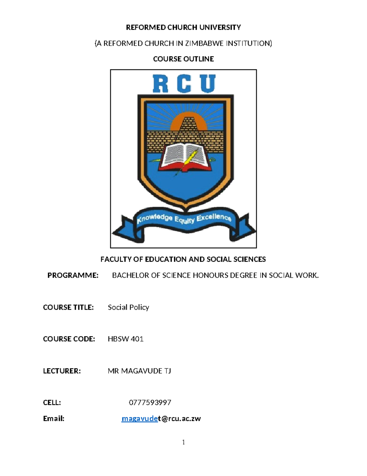 Social Policy - REFORMED CHURCH UNIVERSITY (A REFORMED CHURCH IN ...