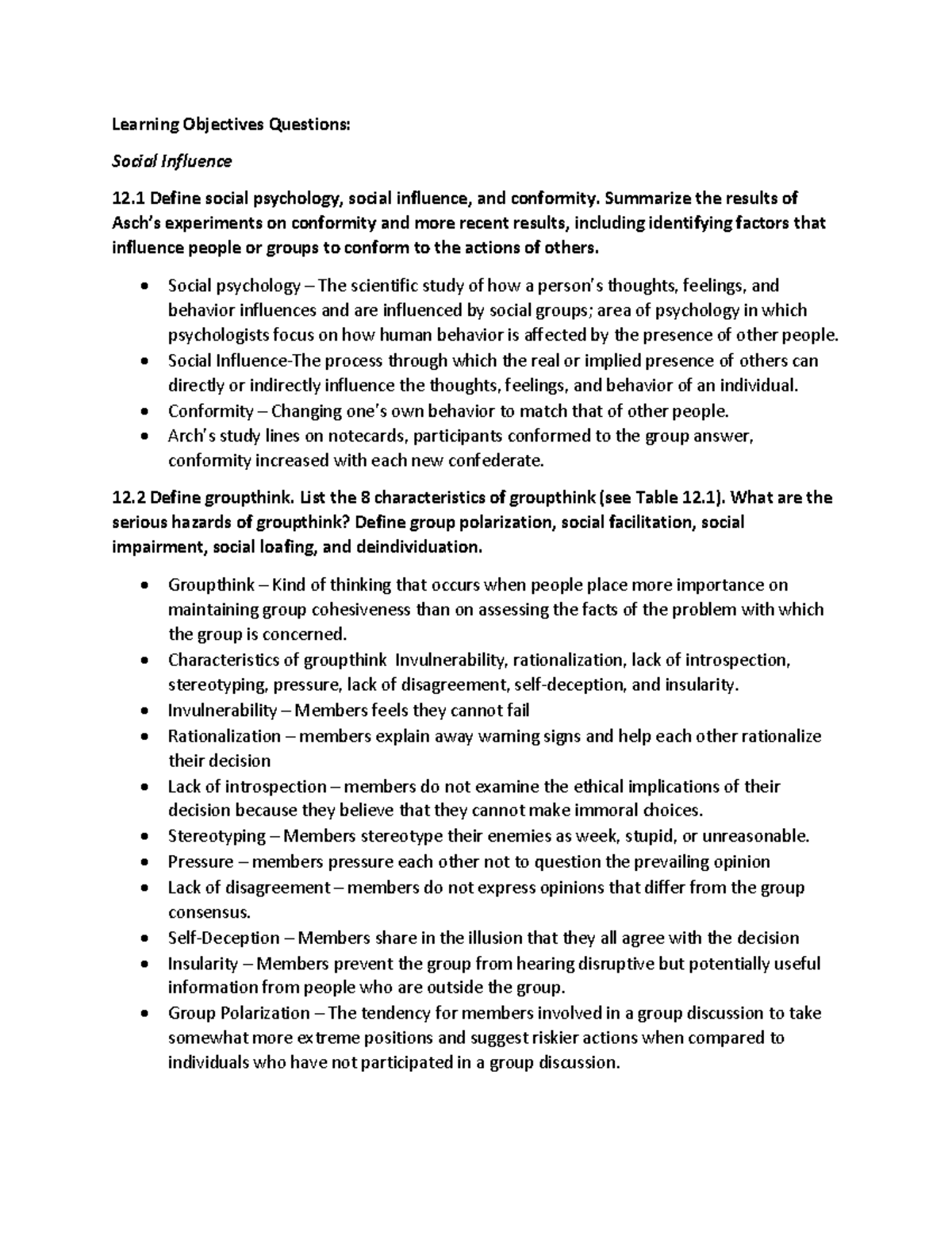 Psy 110 learning objectives ch 12 social psy - Learning Objectives Questions: Social Influence ...