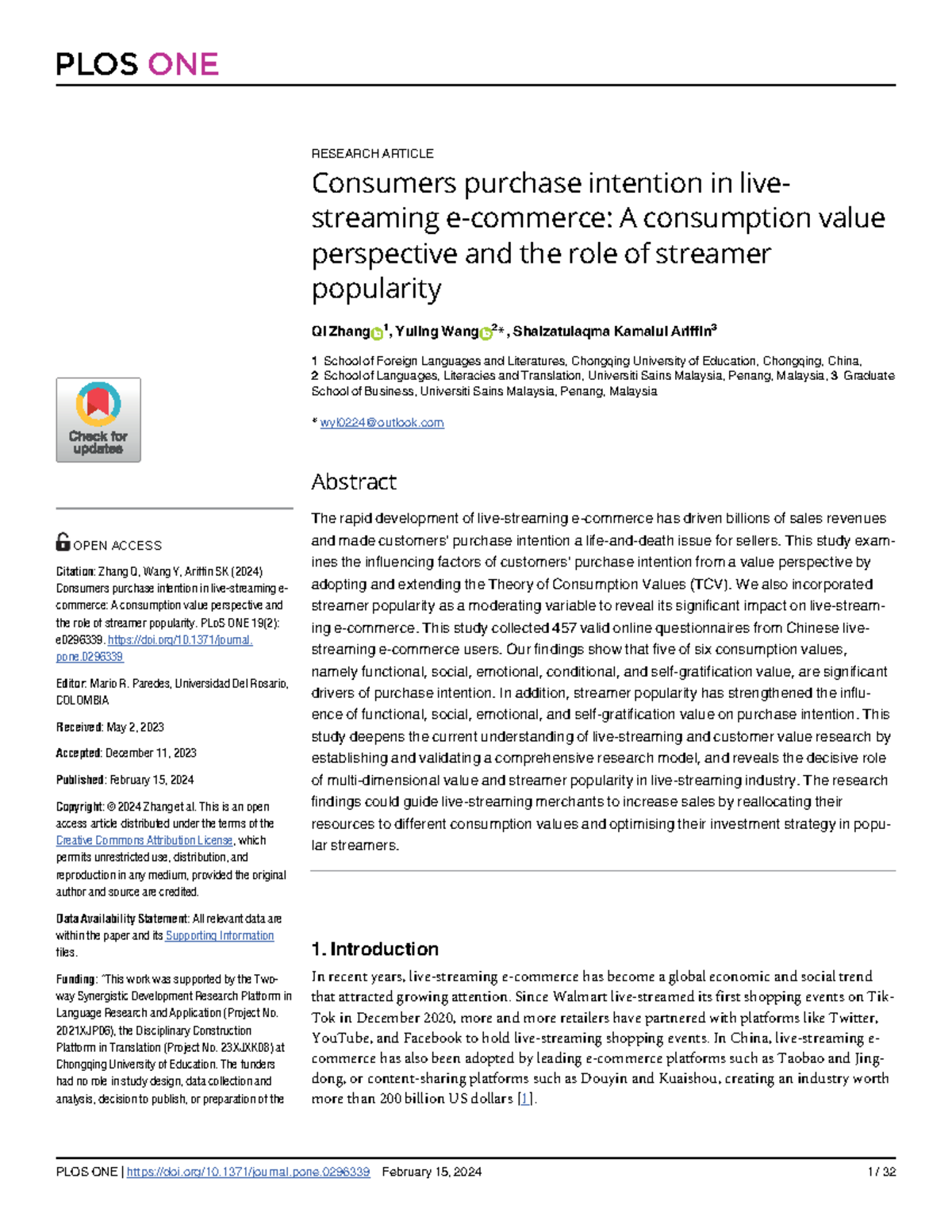 Consumers purchase intention in live-streaming e-c - RESEARCH ARTICLE ...
