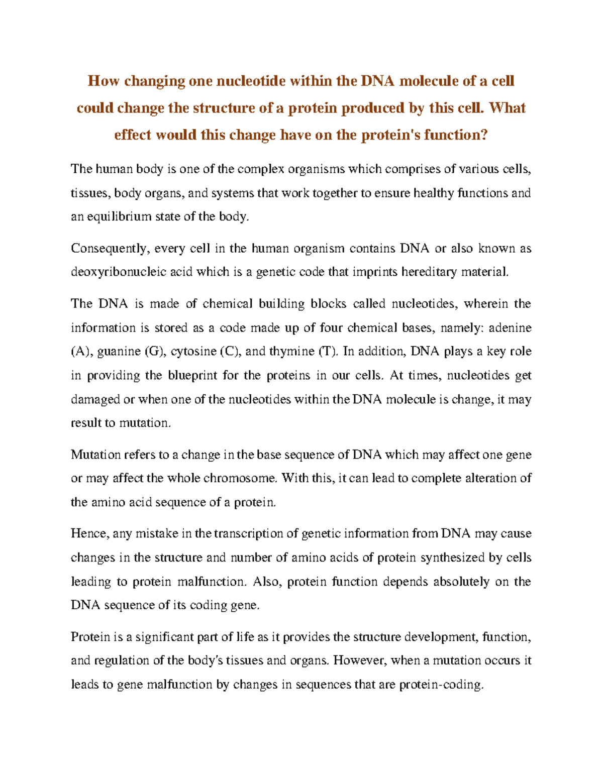 Anatomy Cell - DNA Assignment - How changing one nucleotide within the ...