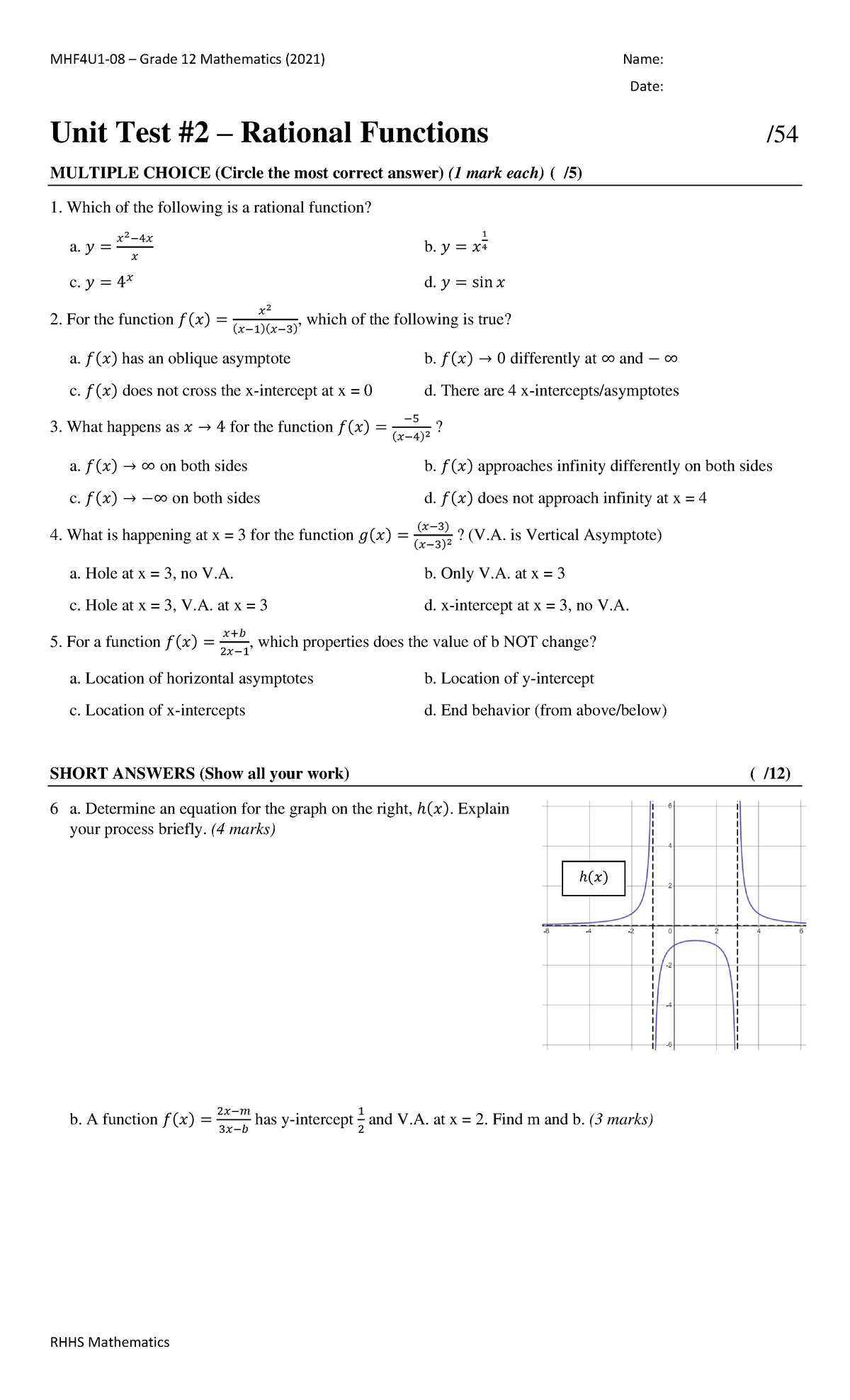 Grade 12 Mathematics Unit Test Rational Functions - Studocu