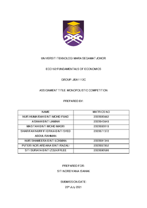 ECO162 Group Assignment - UNIVERSITI TEKNOLOGI MARA CAWANGAN MELAKA ...