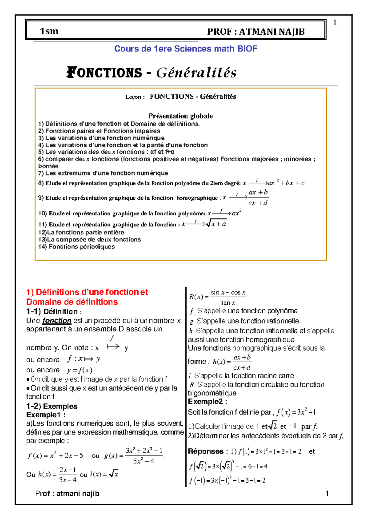 Generalites sur les fonctions Cours et exercices corriges 1bac biof ...