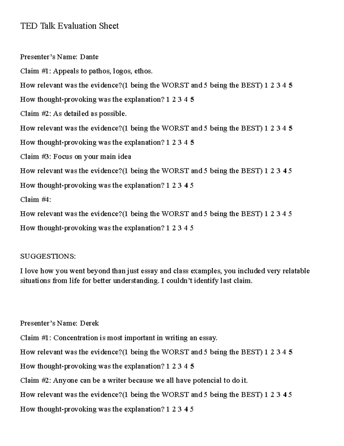 TED Talk Evaluation Sheet 2 - TED Talk Evaluation Sheet Presenter’s ...