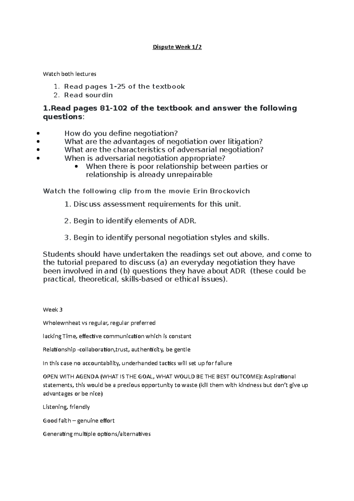 Tutorial - Dispute Week 1/ Watch both lectures 1. Read pages 1-25 of ...