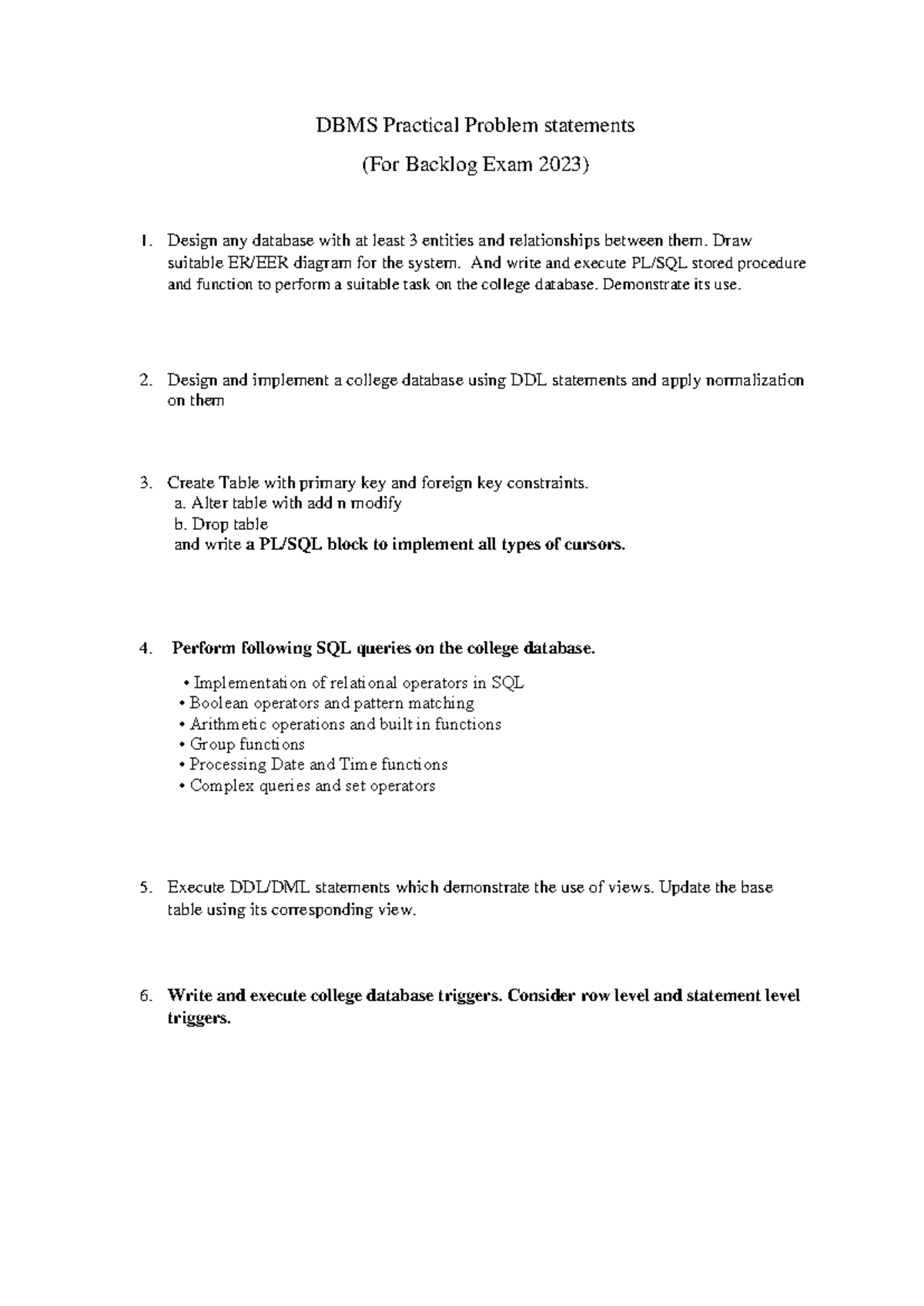 DBMS chits - Dbms practical - DBMS Practical Problem statements (For Backlog Exam 2023) 1 ...