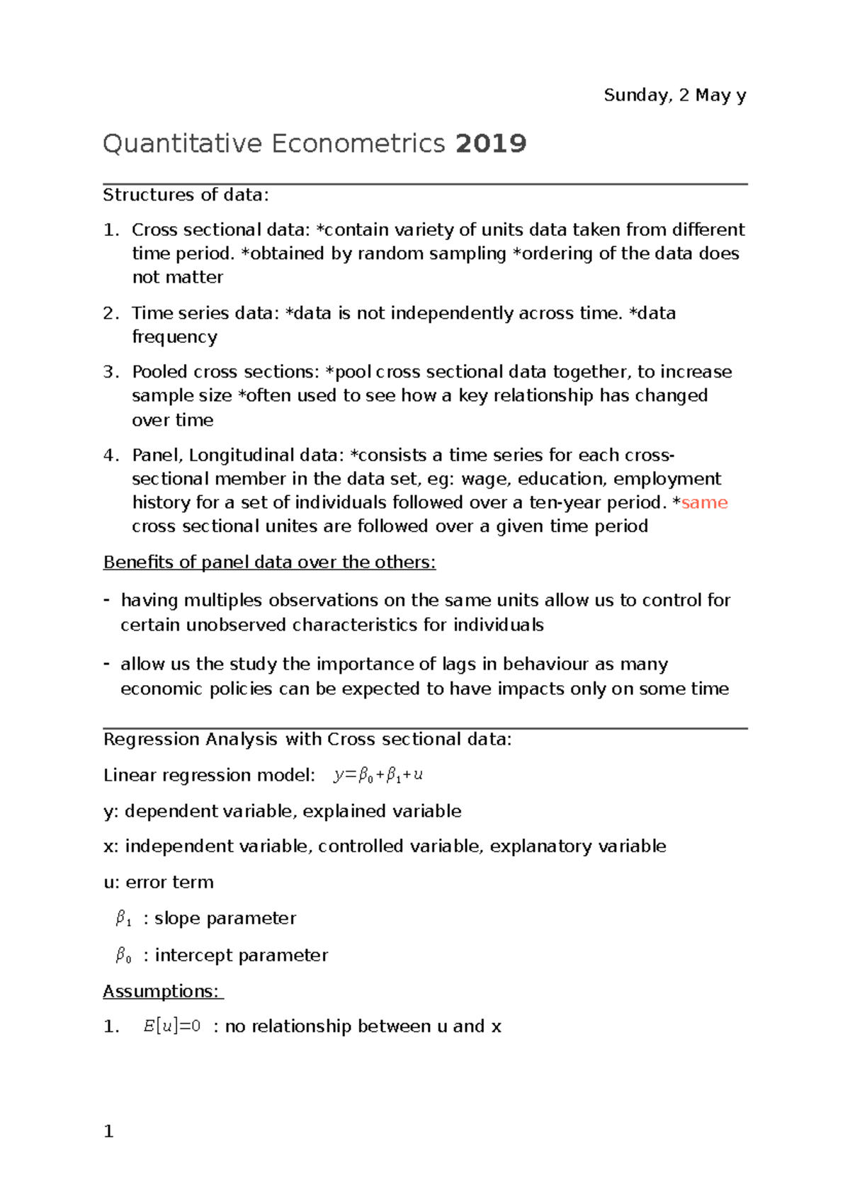 Quants notes 2019 2 - Summary Quantitative Economics and Econometrics ...
