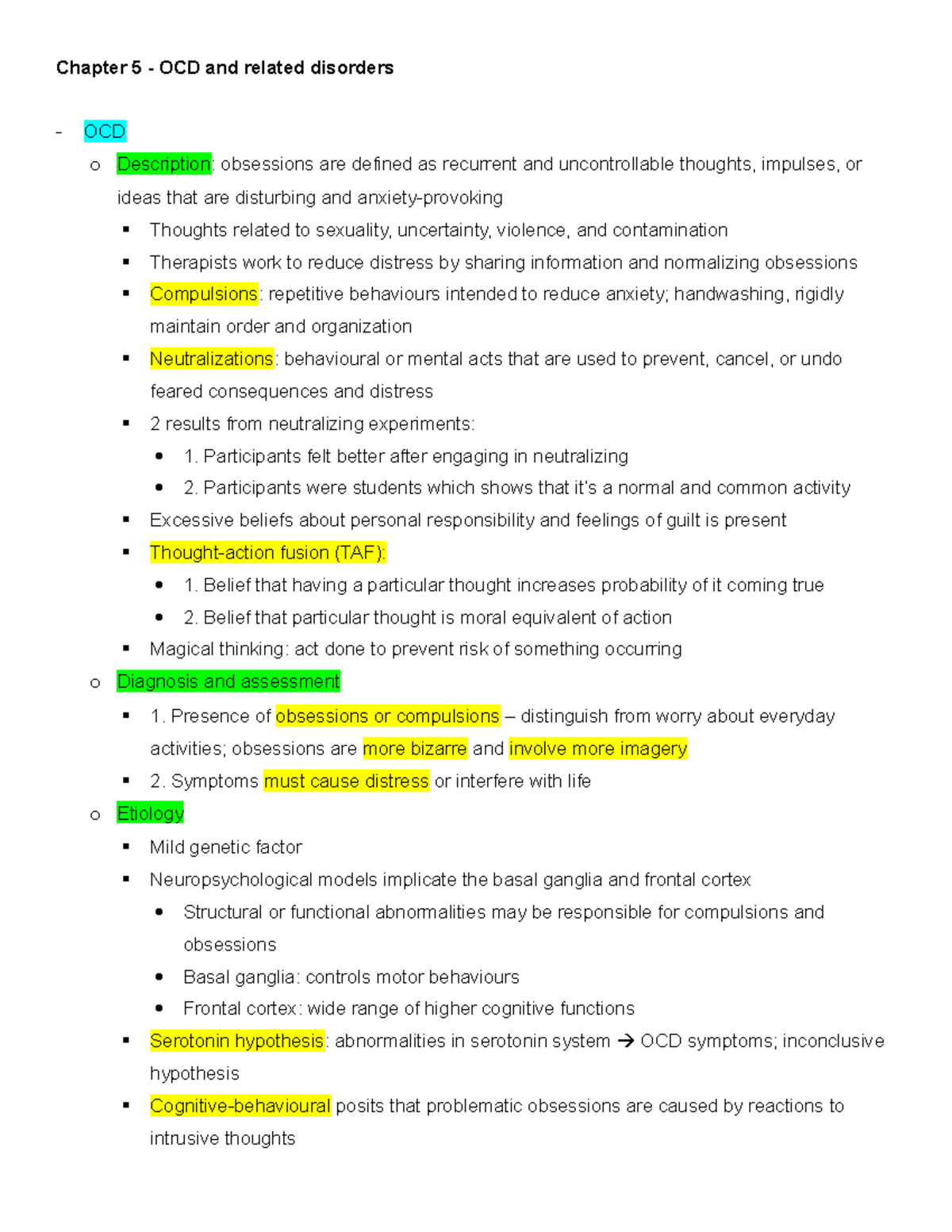 Chapter 5 - OCD disorders - Chapter 5 - OCD and related disorders OCD o Description: obsessions ...