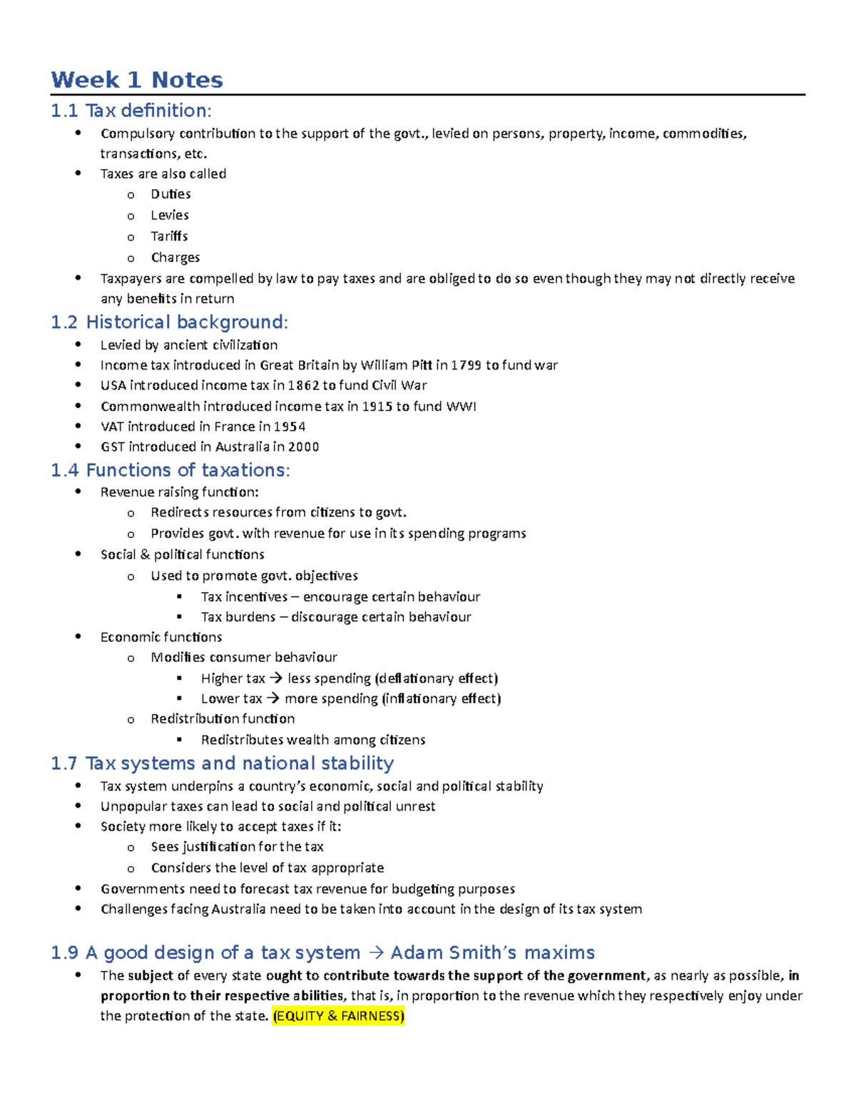 Taxation Week1 Notes Week 1 Notes 1 Tax Definition Compulsory