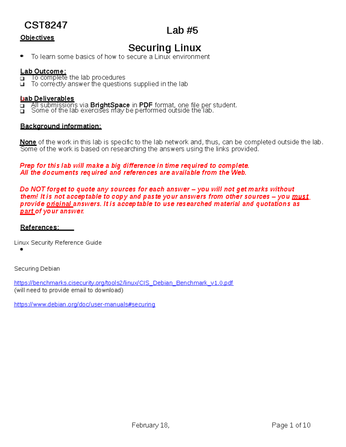 CST8245 Lab8 Securing Linux 1 - CST Objectives Lab Securing Linux To learn some basics of how to ...