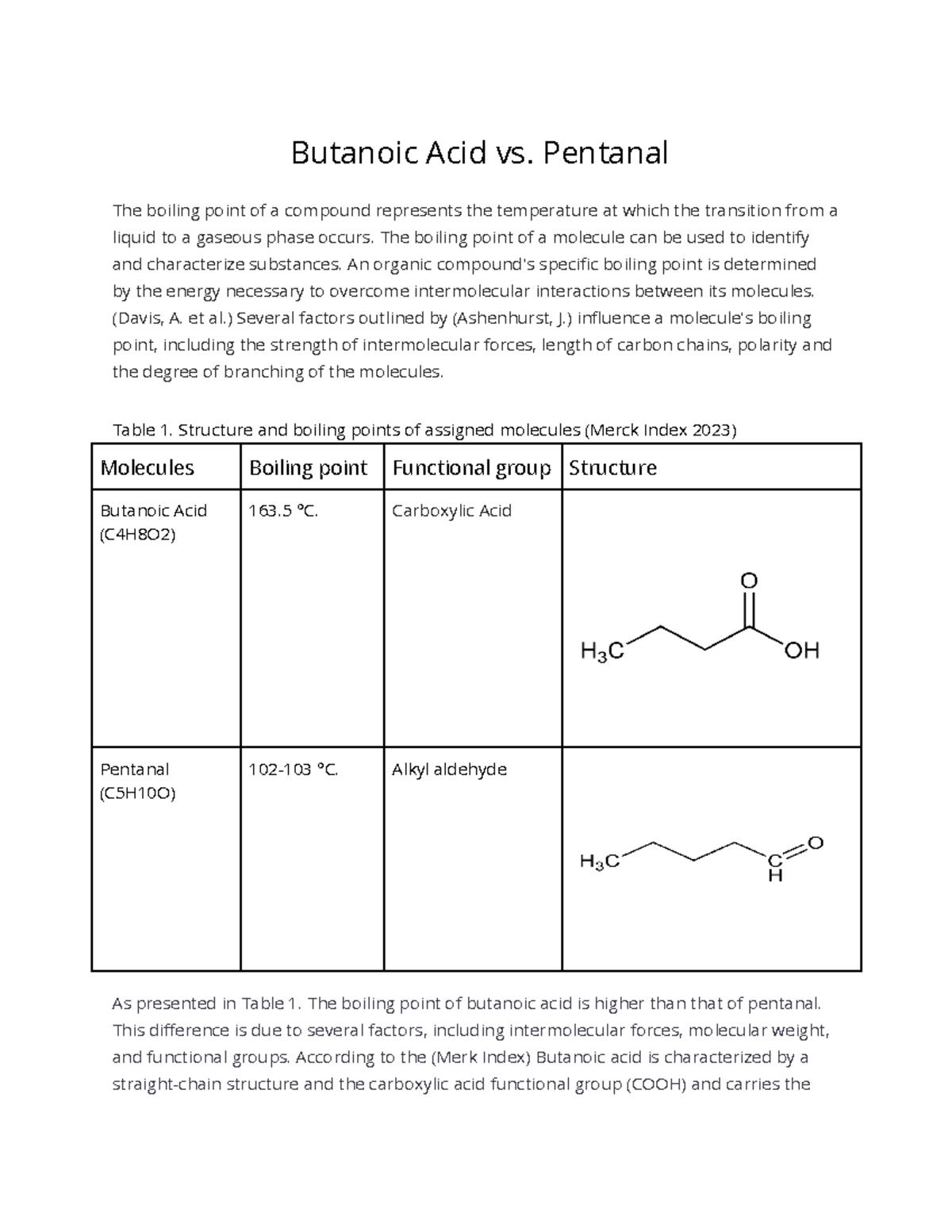 Chem Assignment P1 - Butanoic Acid vs. Pentanal The boiling point of a ...