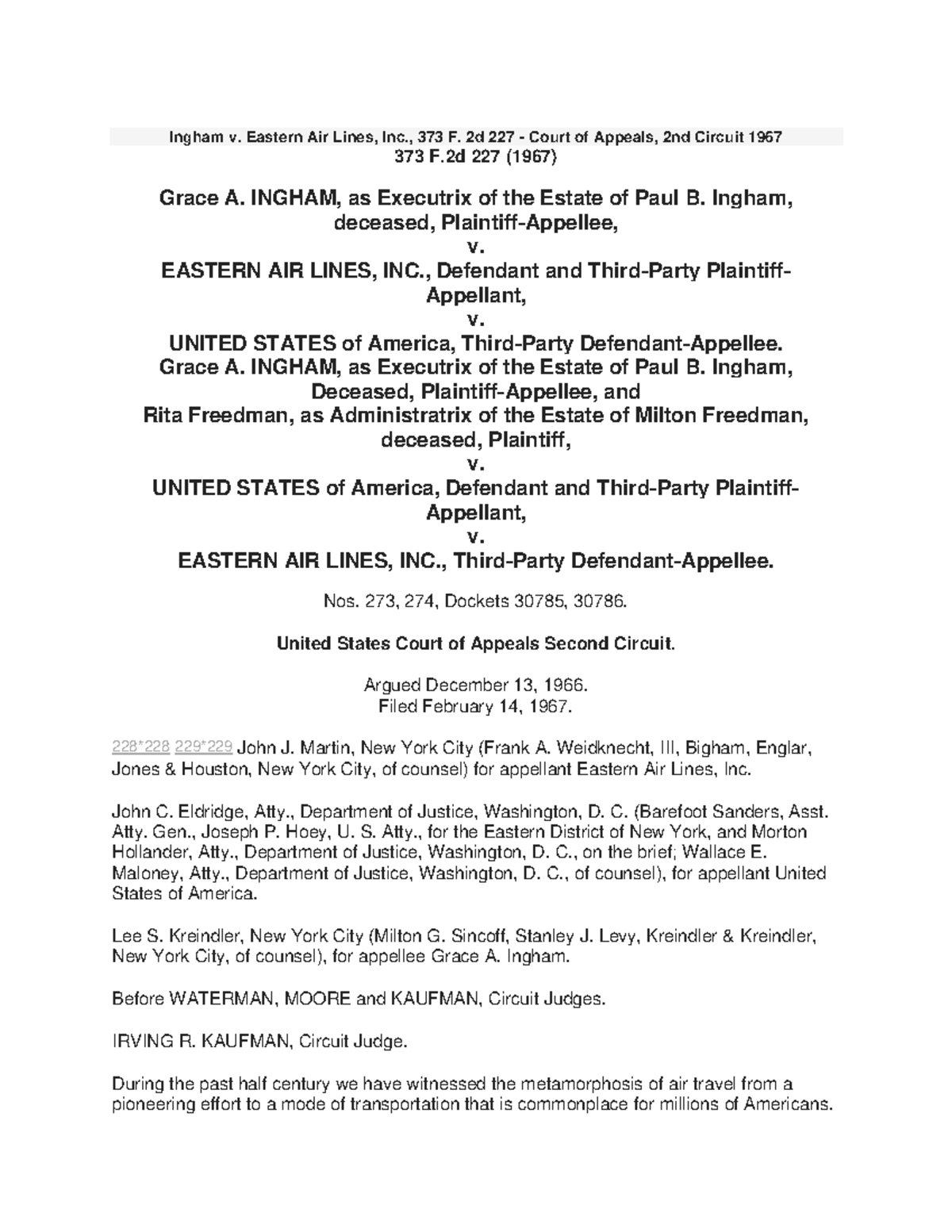 Ingham v. Eastern Air Lines, Inc. Case - Ingham v. Eastern Air Lines ...
