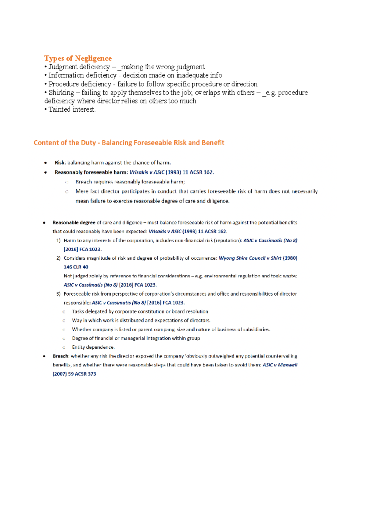 Business Associations Directors Duties II Exam Notes - Types of ...