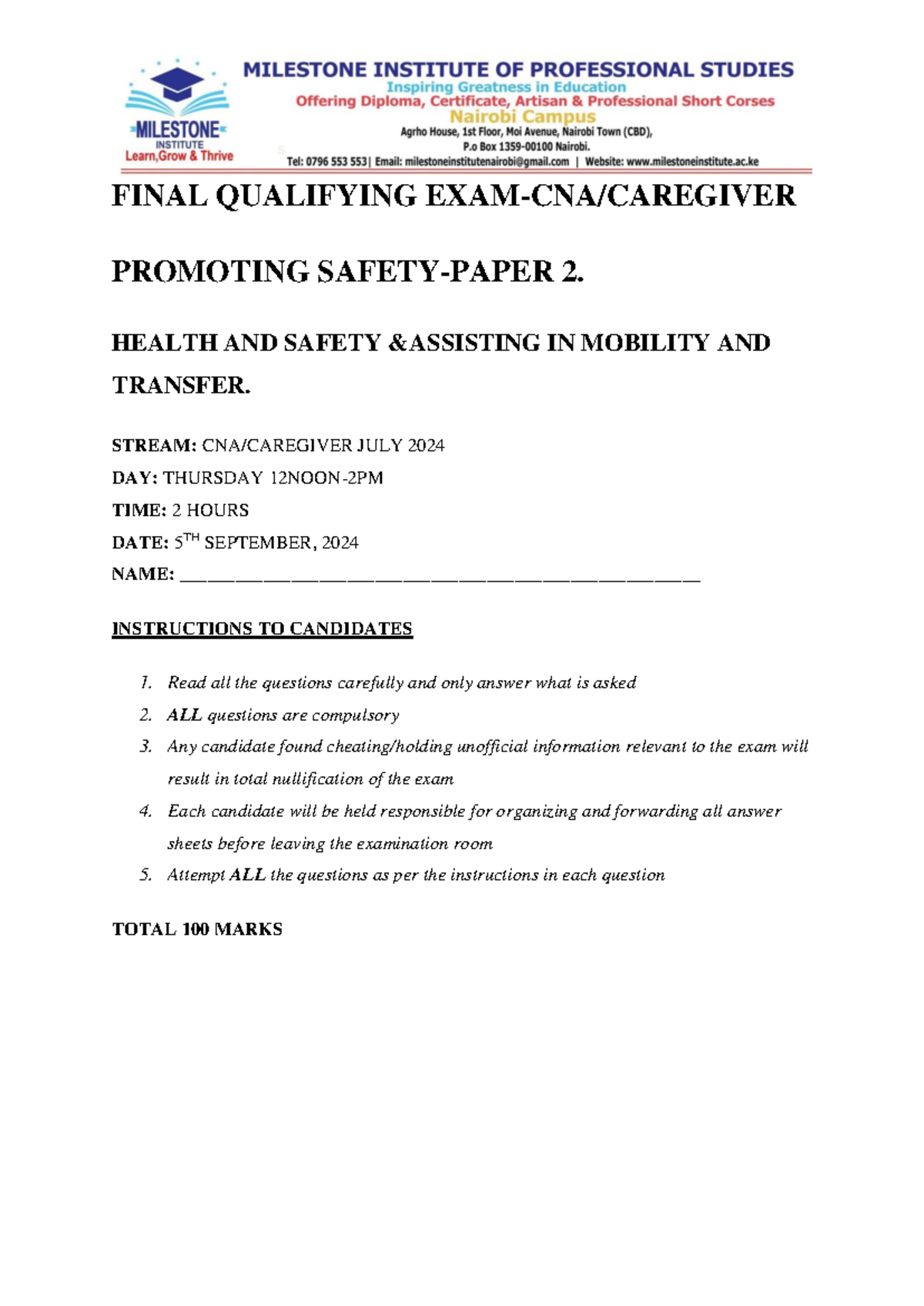 Final Qualifying EXAM PP2 Promoting Safety - FINAL QUALIFYING EXAM-CNA/CAREGIVER PROMOTING - Studocu