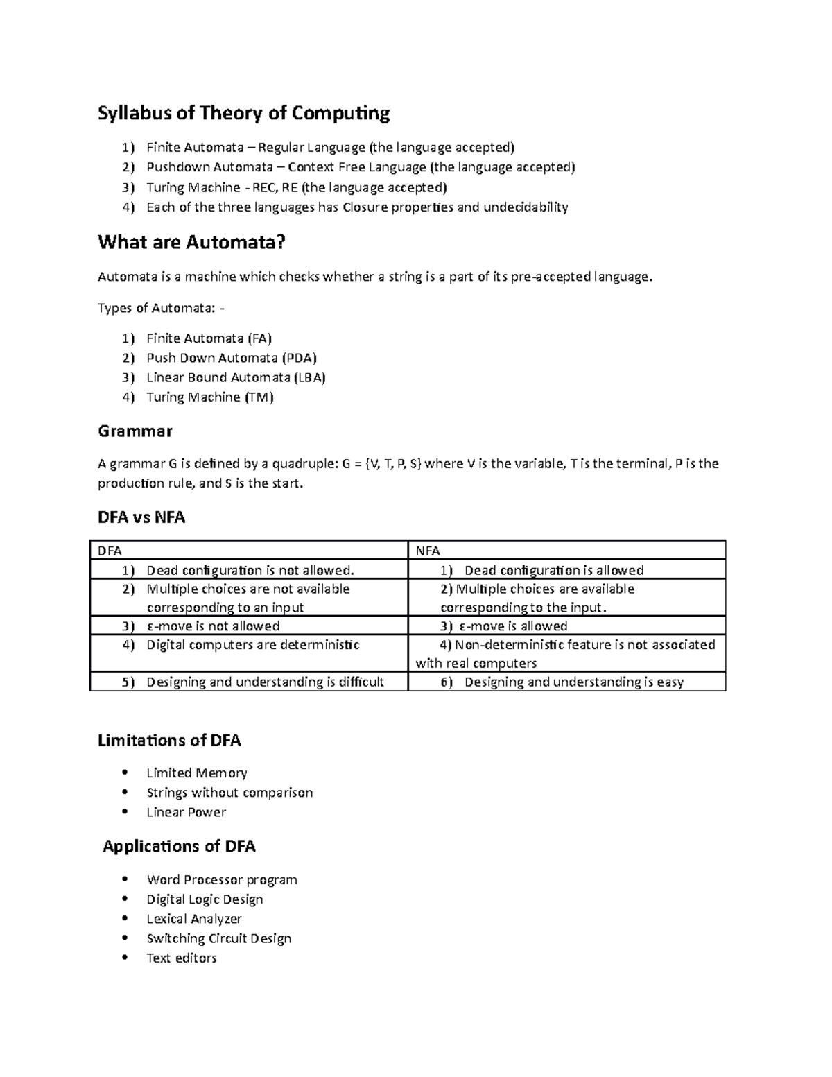 Toc Notes Syllabus Of Theory Of Computing Finite Automata Regular