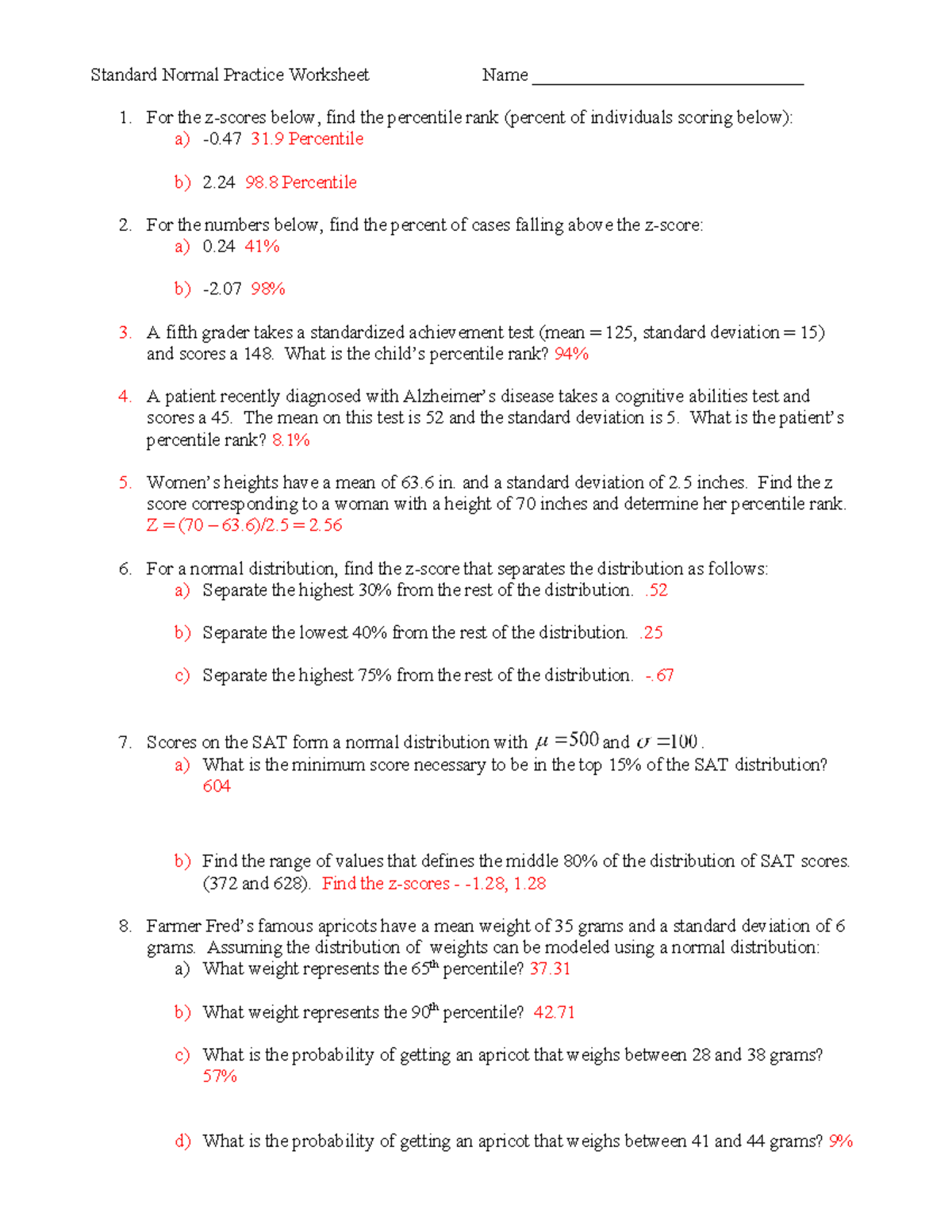 Z-score worksheet key - key - Standard Normal Practice Worksheet Name