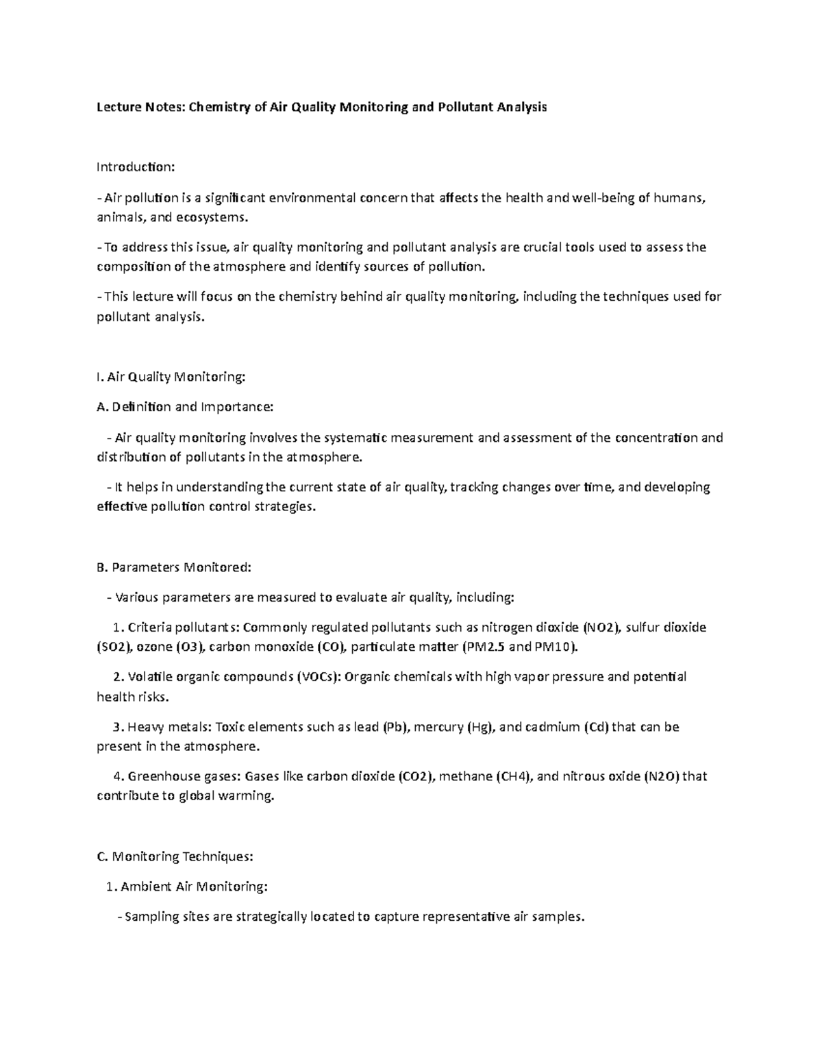 Lecture Notes: Chemistry of Air Quality Monitoring and Pollutant ...