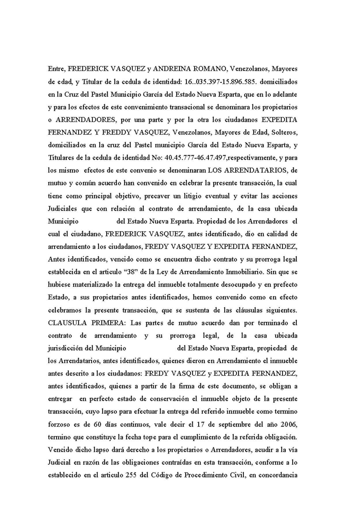 Convenimiento de Arrendamiento - Entre, FREDERICK VASQUEZ y ANDREINA ...