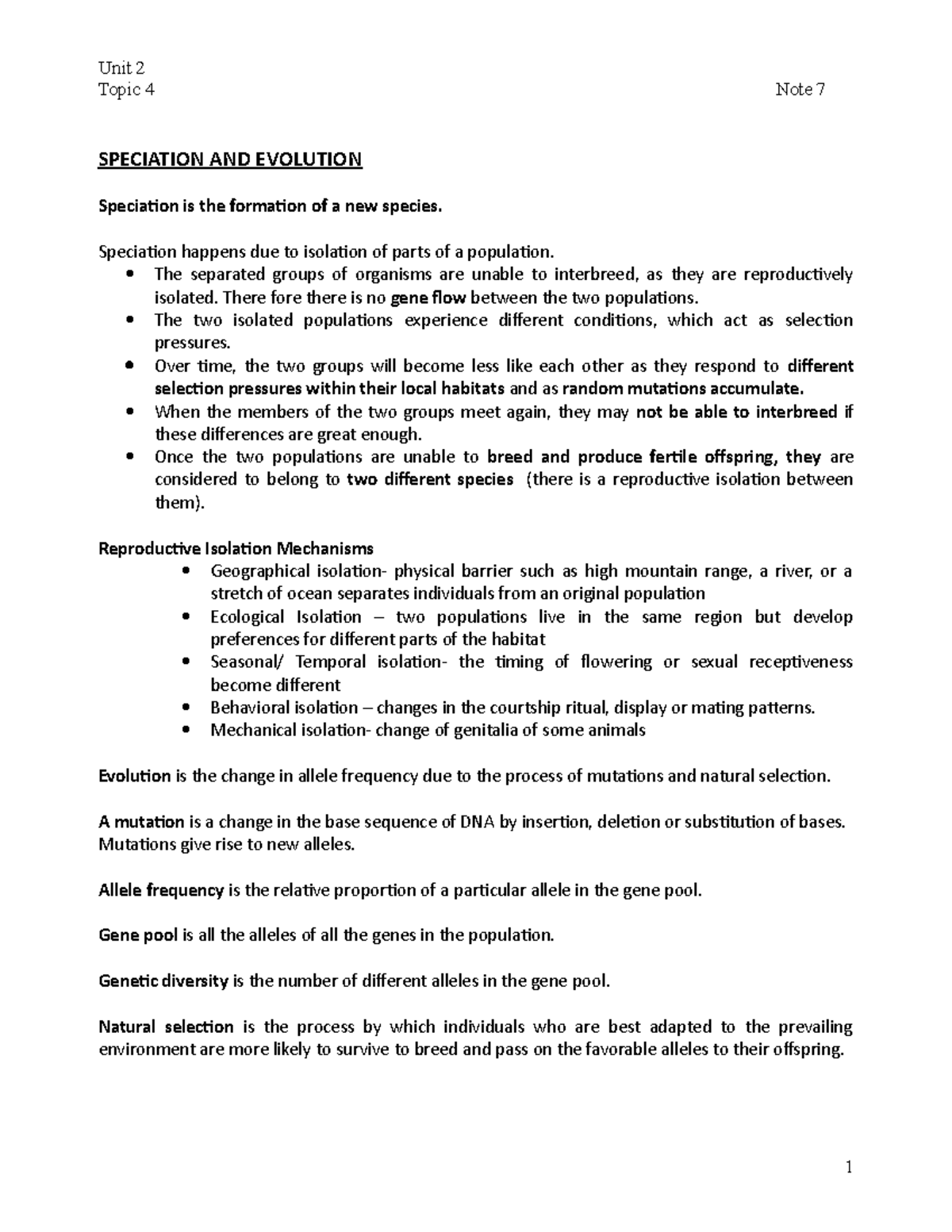 Evolution - Alevels notes biology - Topic 4 Note 7 SPECIATION AND ...