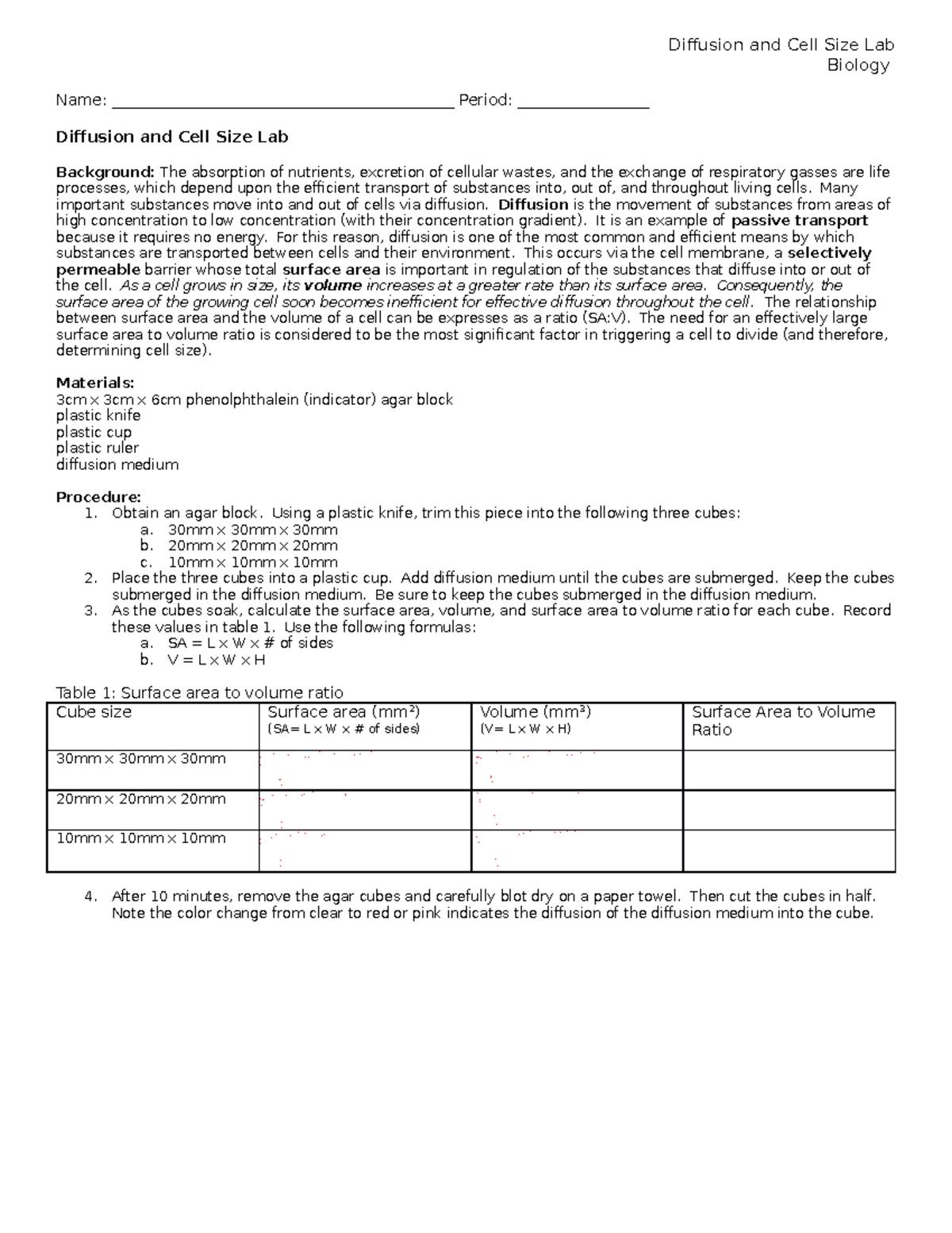 Diffusion and cell size agar lab GEN DATA - Diffusion and Cell Size Lab ...