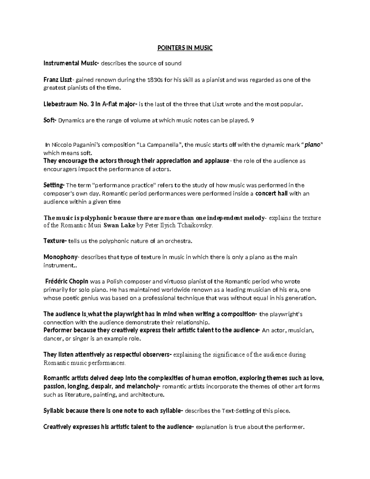 Pointers IN Mapeh 9 Q3 - POINTERS IN MUSIC Instrumental Music- describes the source of sound ...