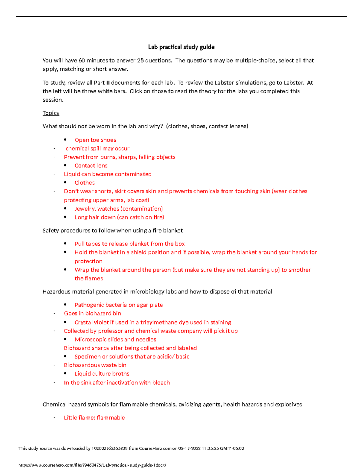 Lab practical study guide 1 - Lab practical study guide You will have ...