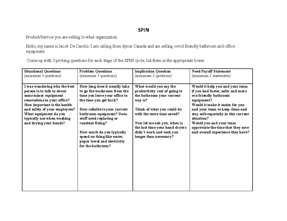 Spin - SPIN PROJECT TRIAL DOC - SPIN Product/Service you are selling to ...