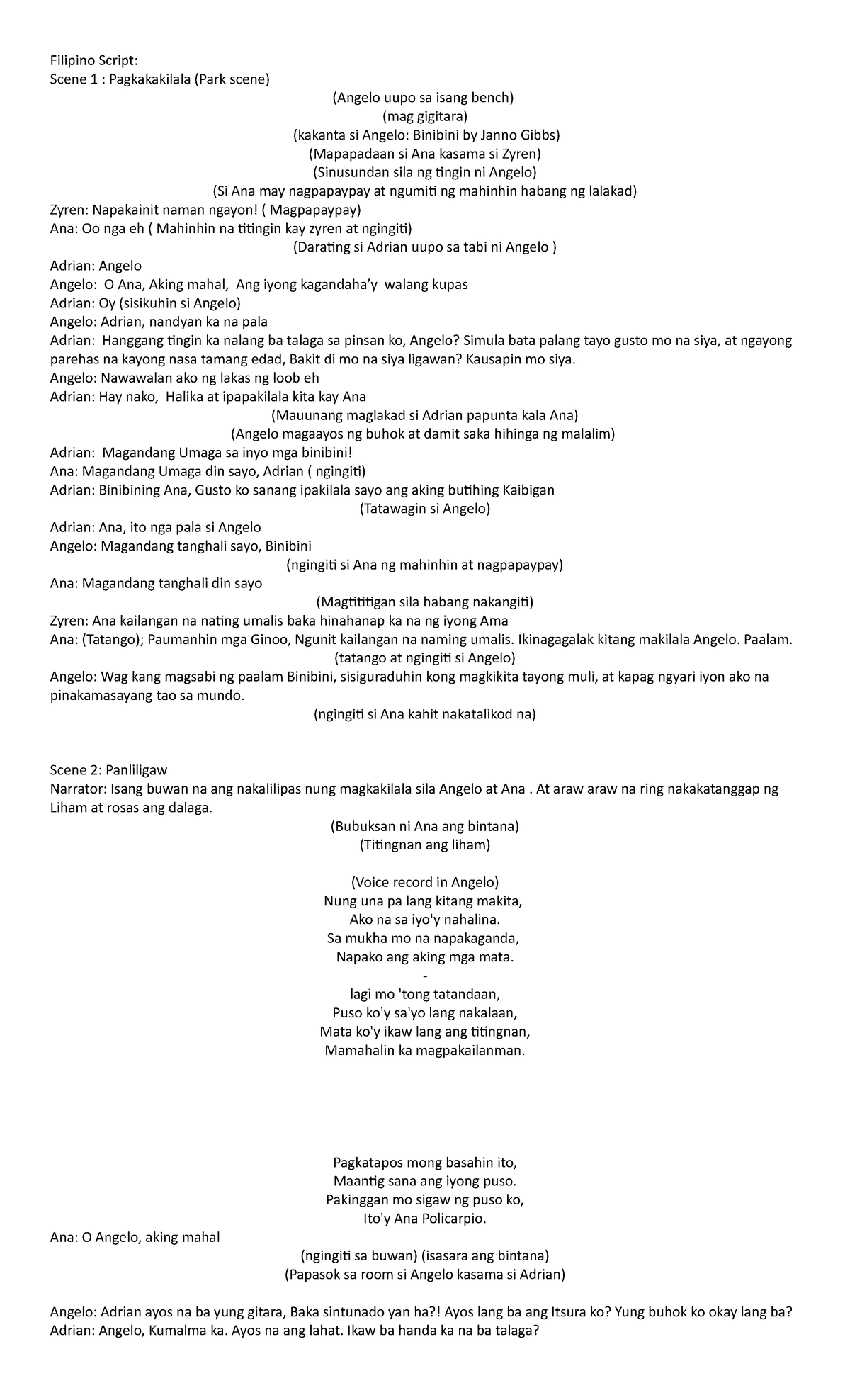 Script - Filipino Script: Scene 1 : Pagkakakilala (Park scene) (Angelo ...