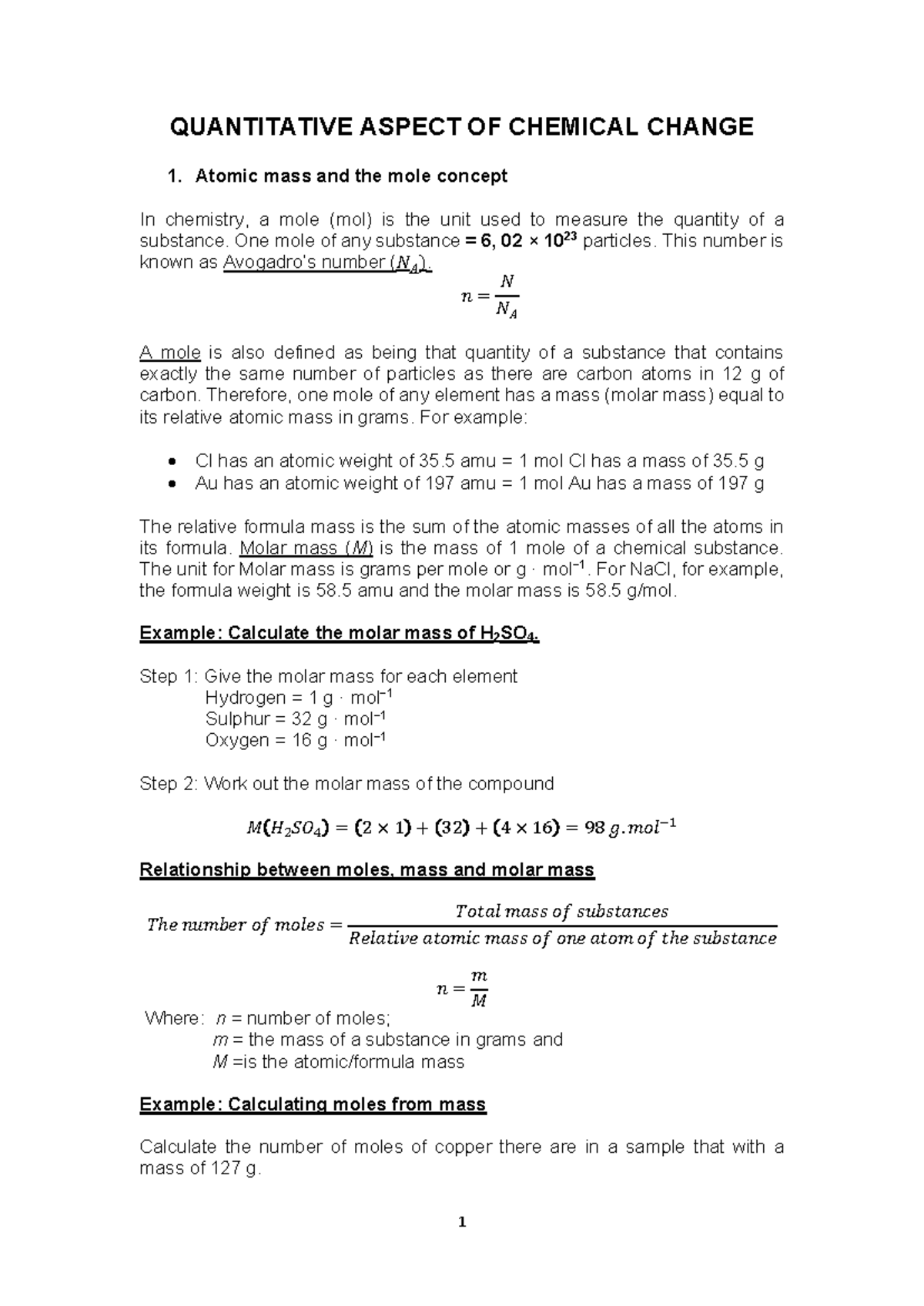 Quantitative Aspect OF Chemical Change-1 - QUANTITATIVE ASPECT OF CHEMICAL CHANGE Atomic mass ...