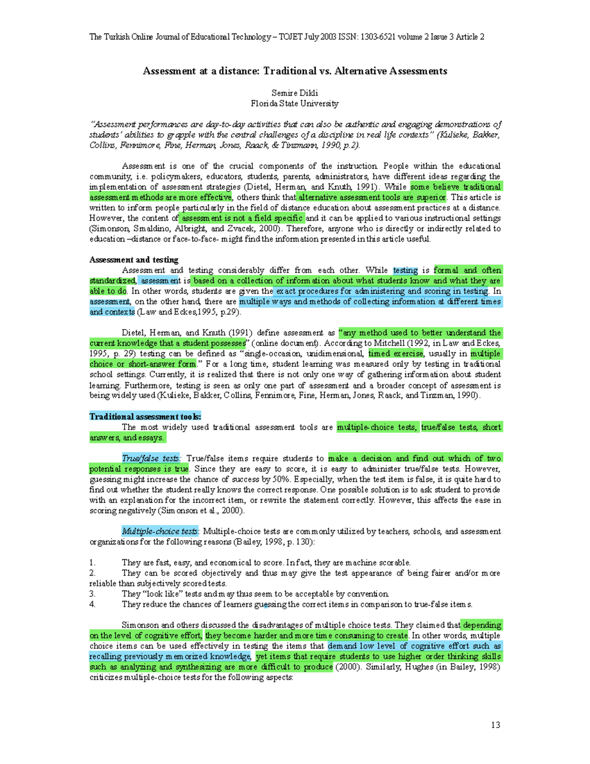 Assessment at a distance: Traditional vs. Alternative Assessments by ...