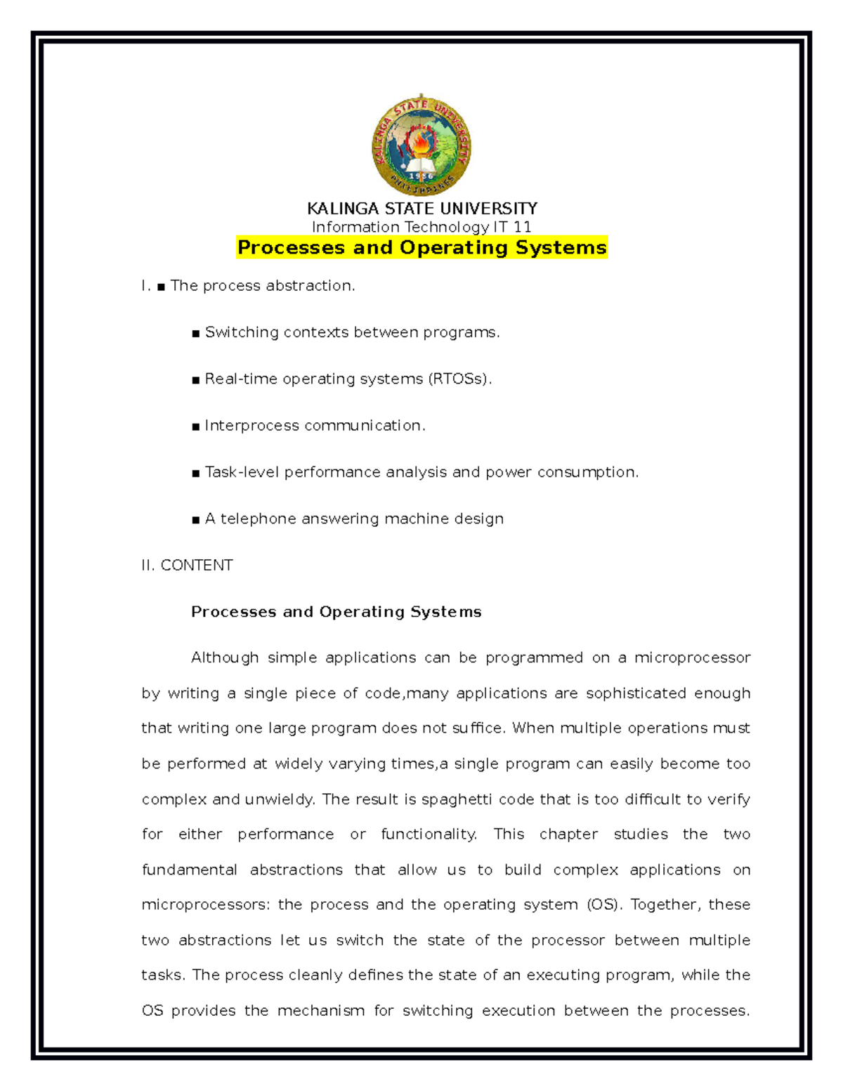 Processes and Operating Systems - The process abstraction. Switching ...