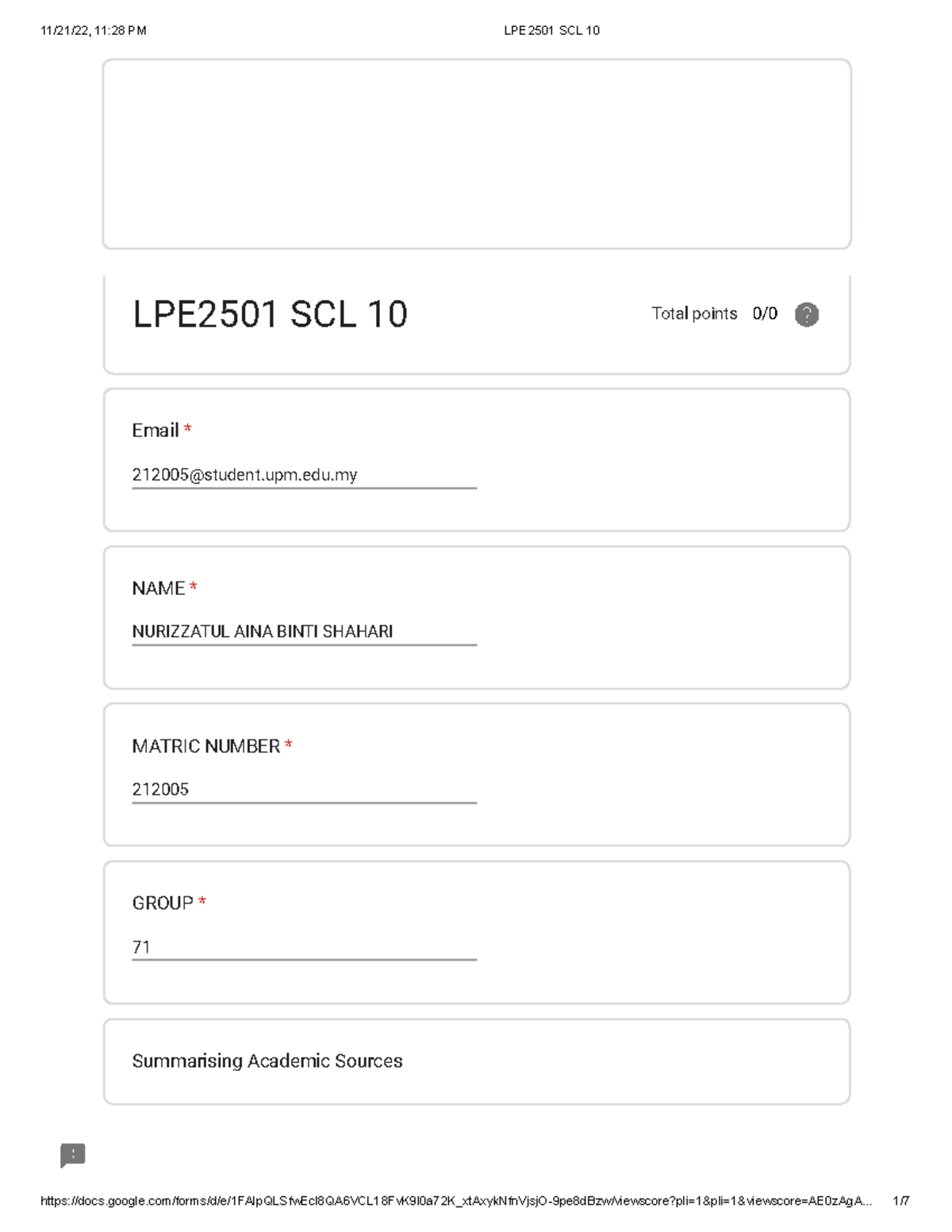 LPE2501 SCL Worksheet 10 - Email * 212005@student.upm.edu NURIZZATUL ...
