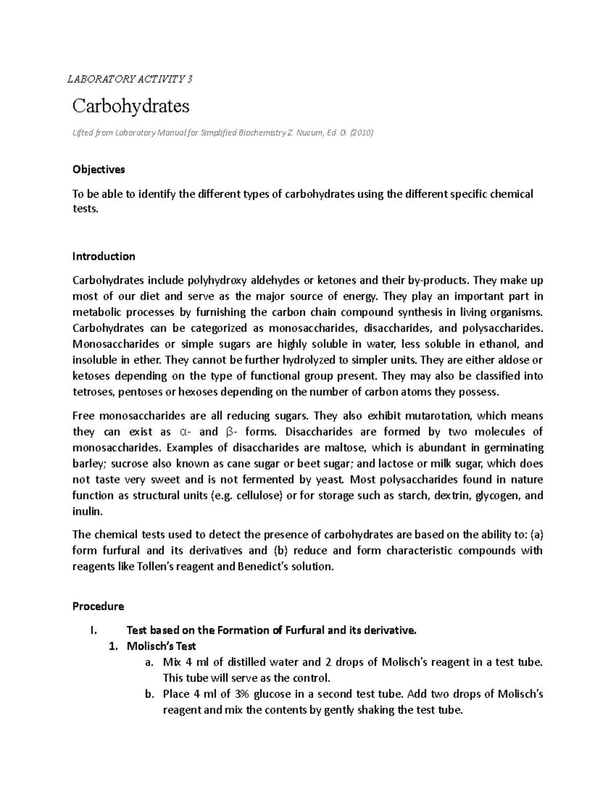 CHEM123-Prelim-Laboratory (Carbohydrates) - LABORATORY ACTIVITY 3 ...