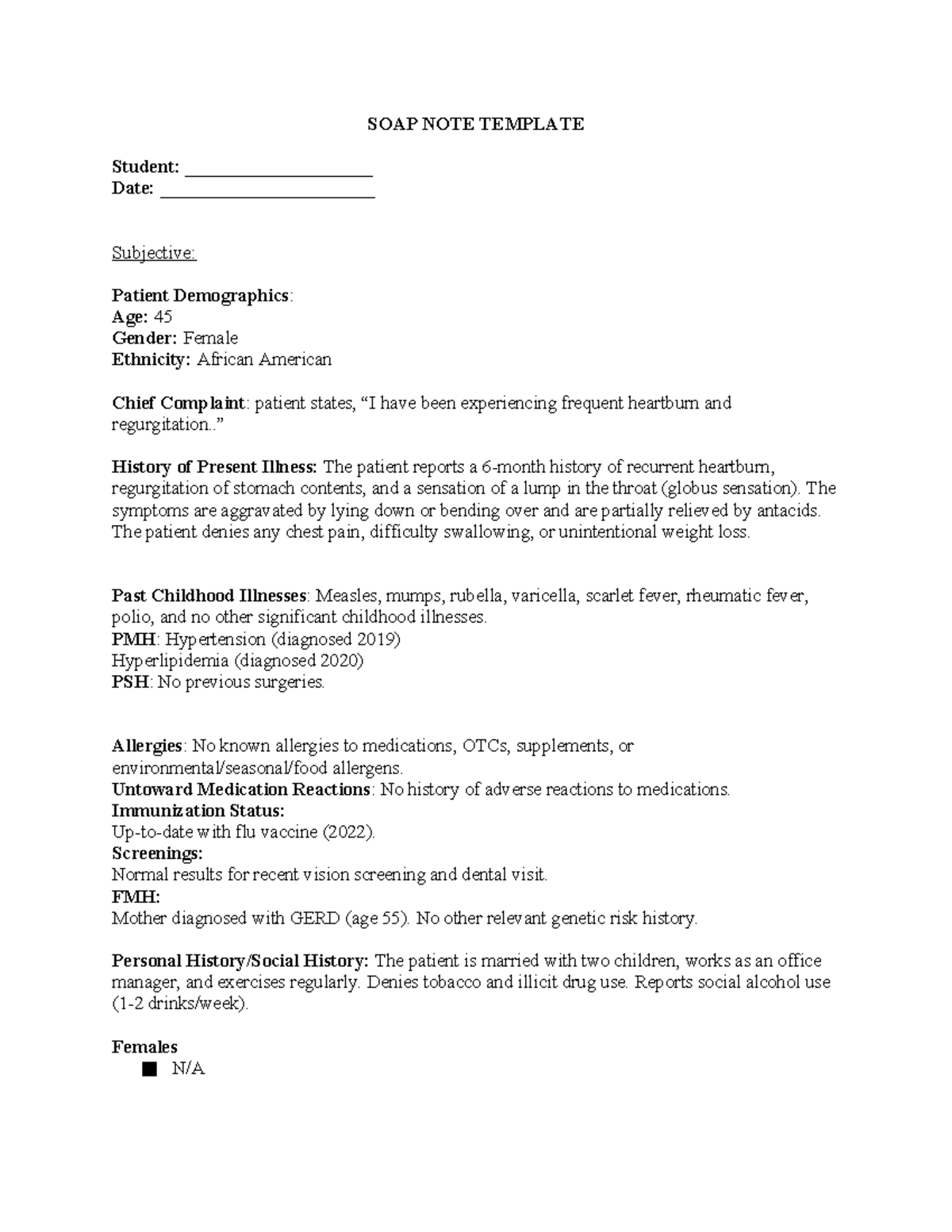 Gastroesophageal reflux disease (GERD) - SOAP NOTE TEMPLATE Student