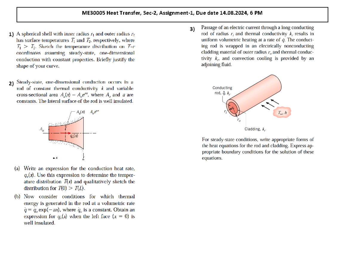 Homework 1 2024 - Heat transfer tutorial - . ME30005 Heat Transfer, Sec ...